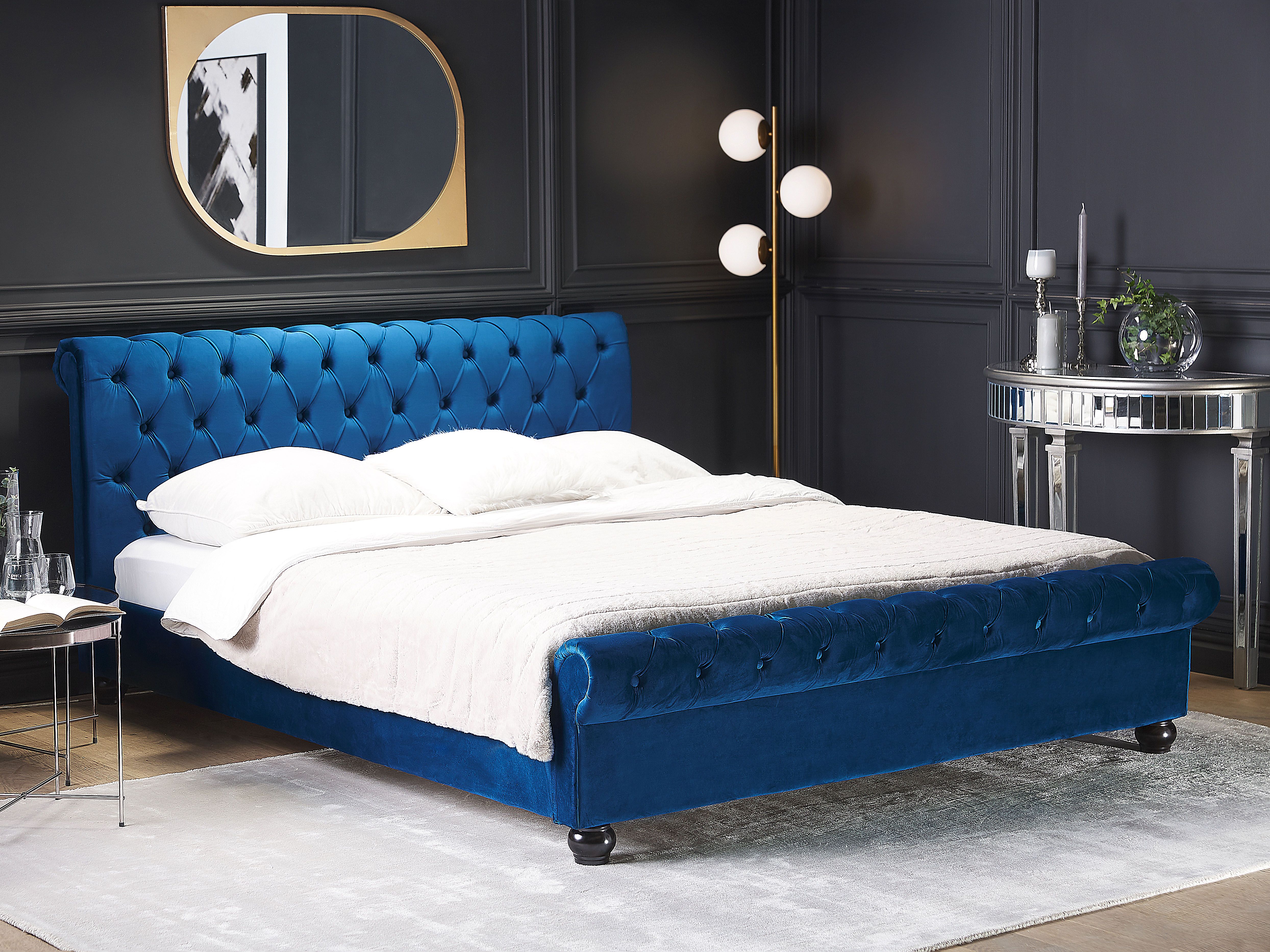 Velvet EU King Size Bed Blue AVALLON | Beliani.co.uk