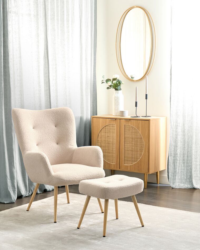 Boucle Wingback Chair with Footstool Beige VEJLE II | Beliani.co.uk