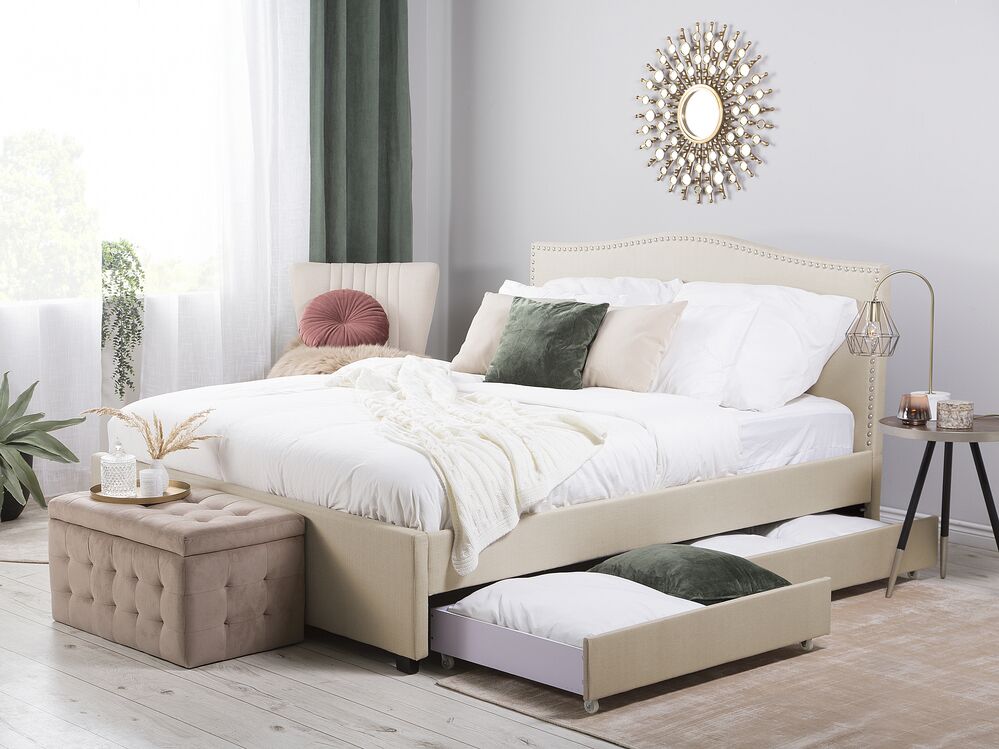 Letto matrimoniale con cassetti in tessuto beige in 2 dimensioni ...