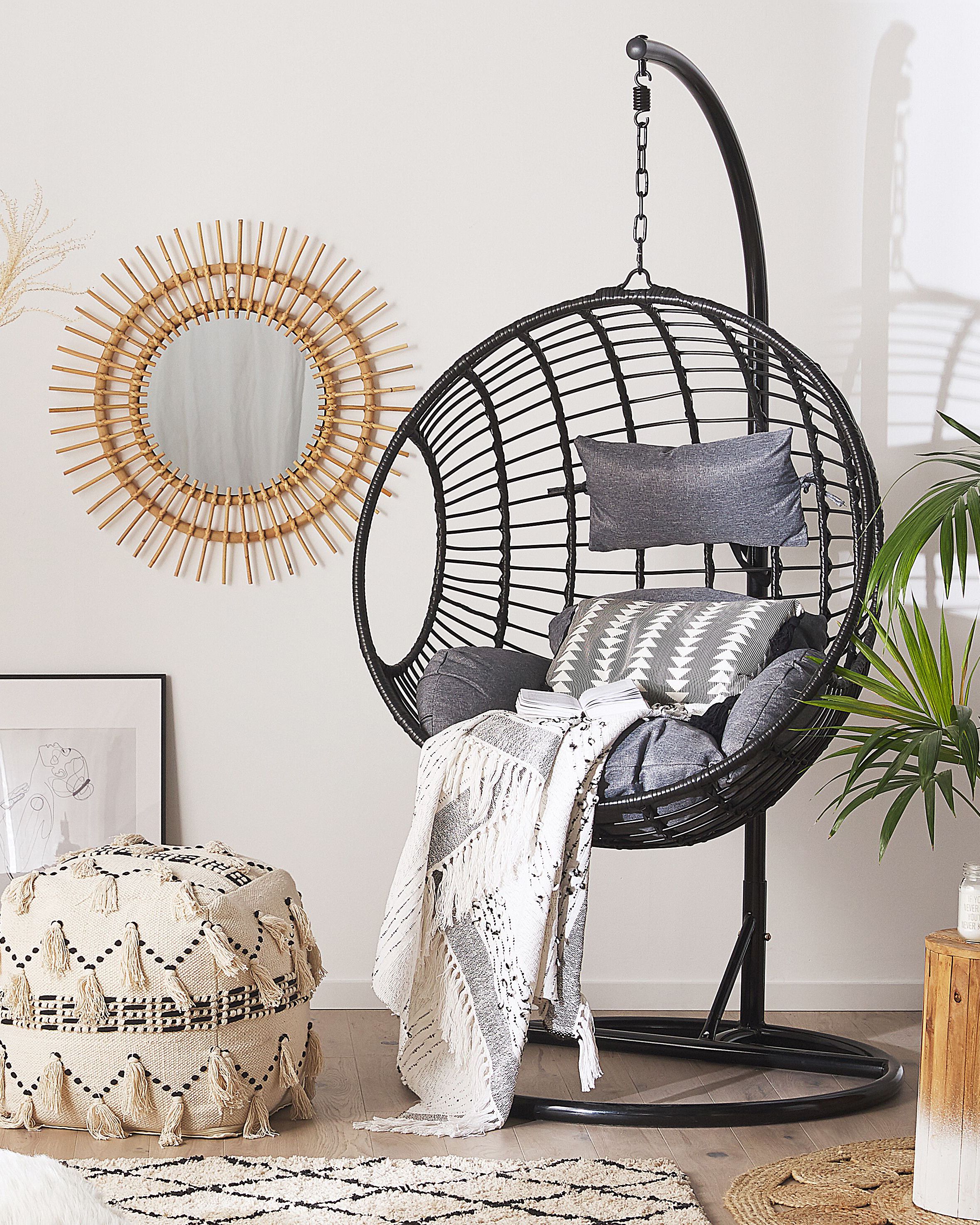 PE Rattan Hanging Chair with Stand Black ASPIO | Beliani.co.uk
