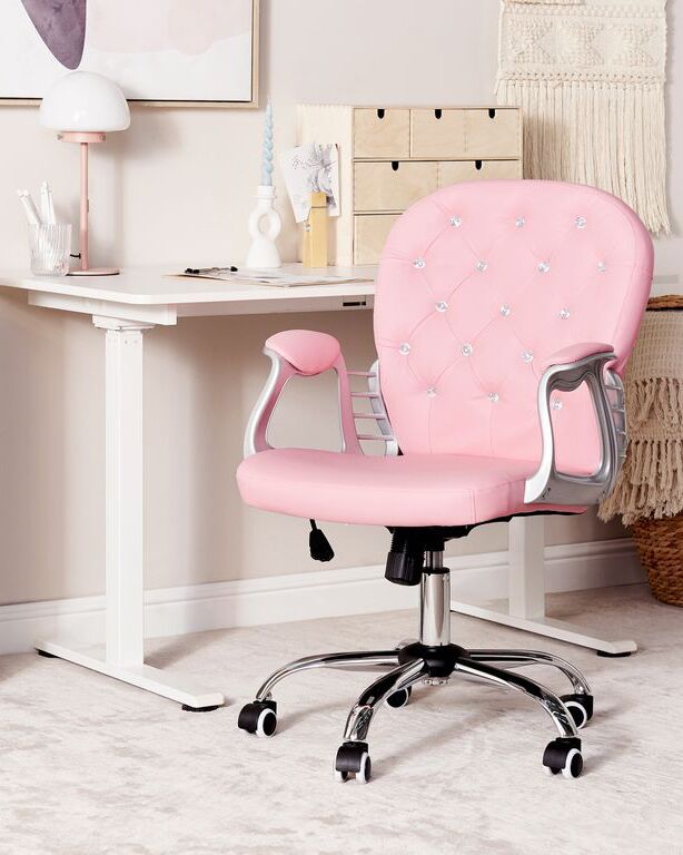 Swivel Faux Leather Office Chair Pink with Crystals PRINCESS | Beliani ...