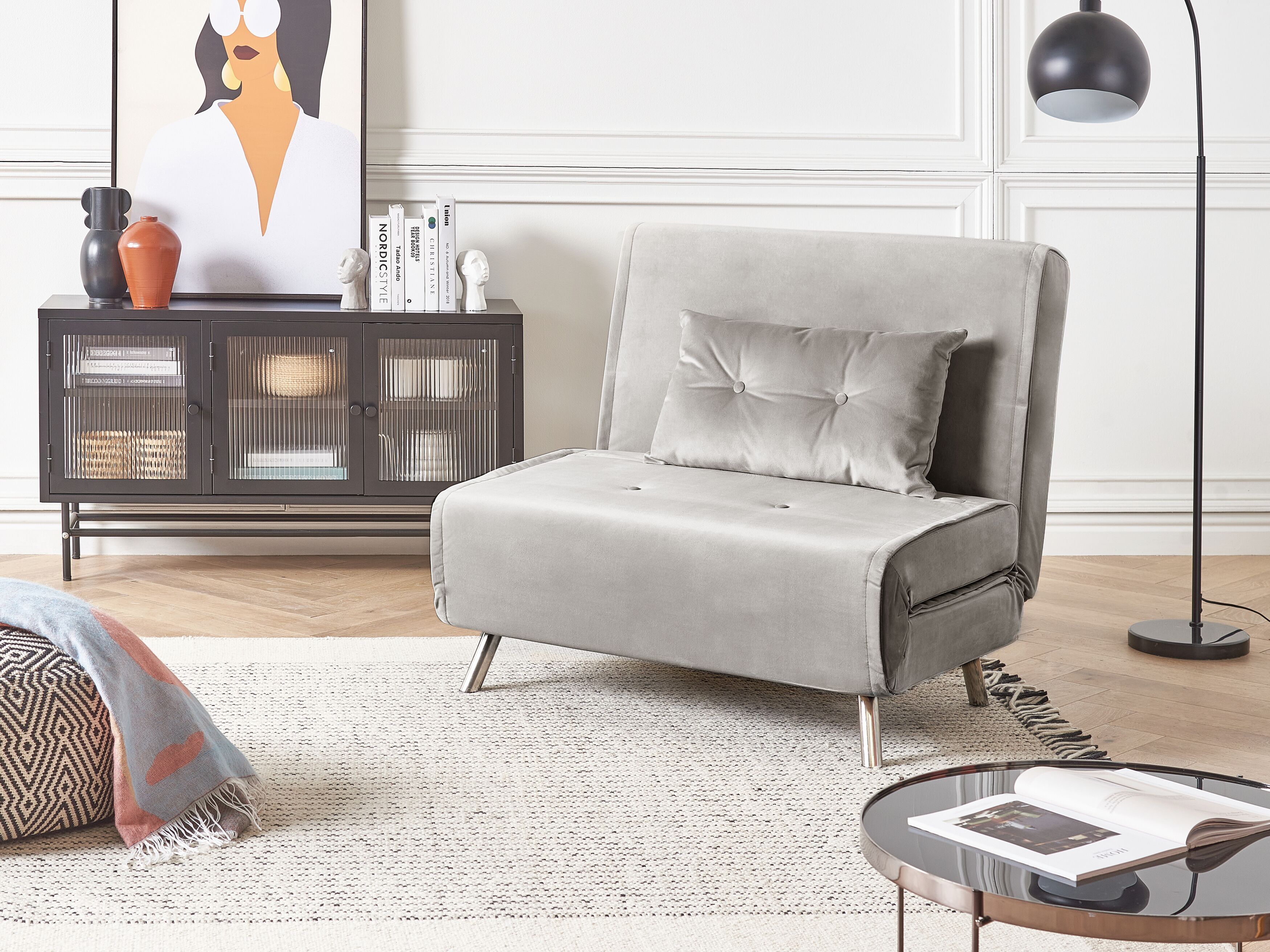 Velvet Single Sofa Bed Light Grey FARRIS | Beliani.co.uk