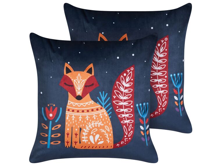 Set of 2 Velvet Kids Cushions Fox Motif 45 x 45 cm Dark Blue FIRESPIKE ...