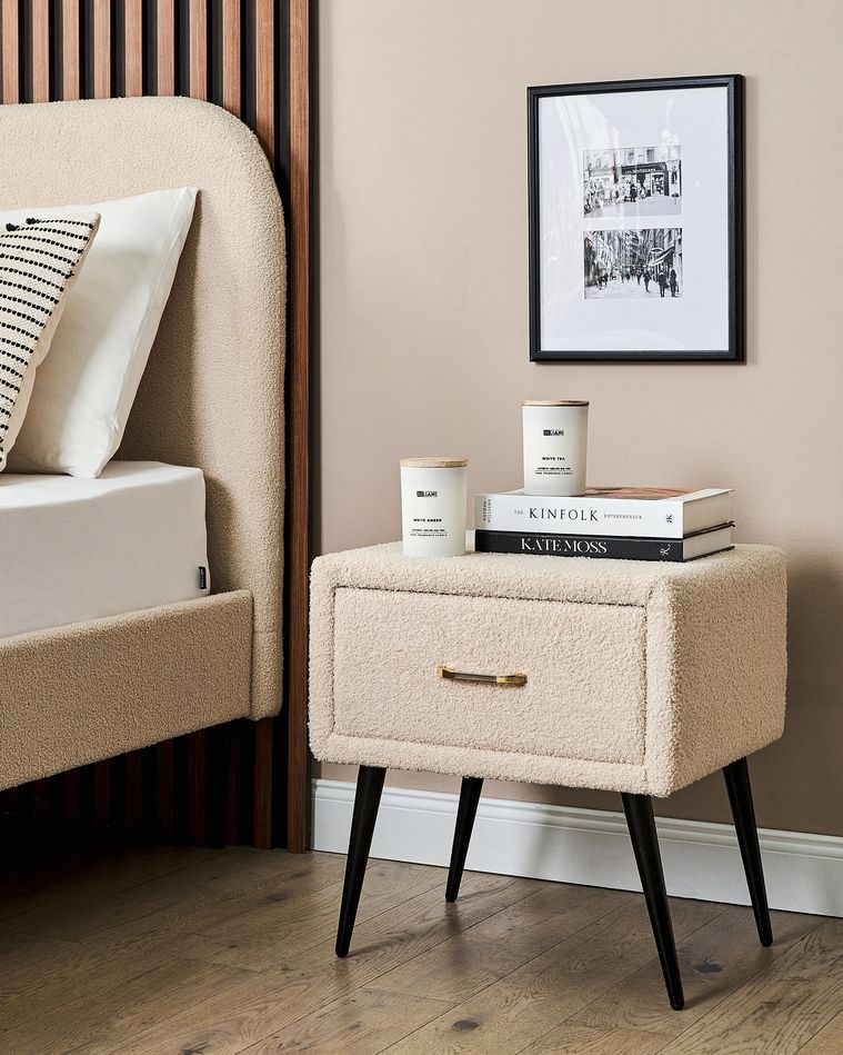 1 Drawer Boucle Bedside Table Beige FLAYAT | Beliani.co.uk