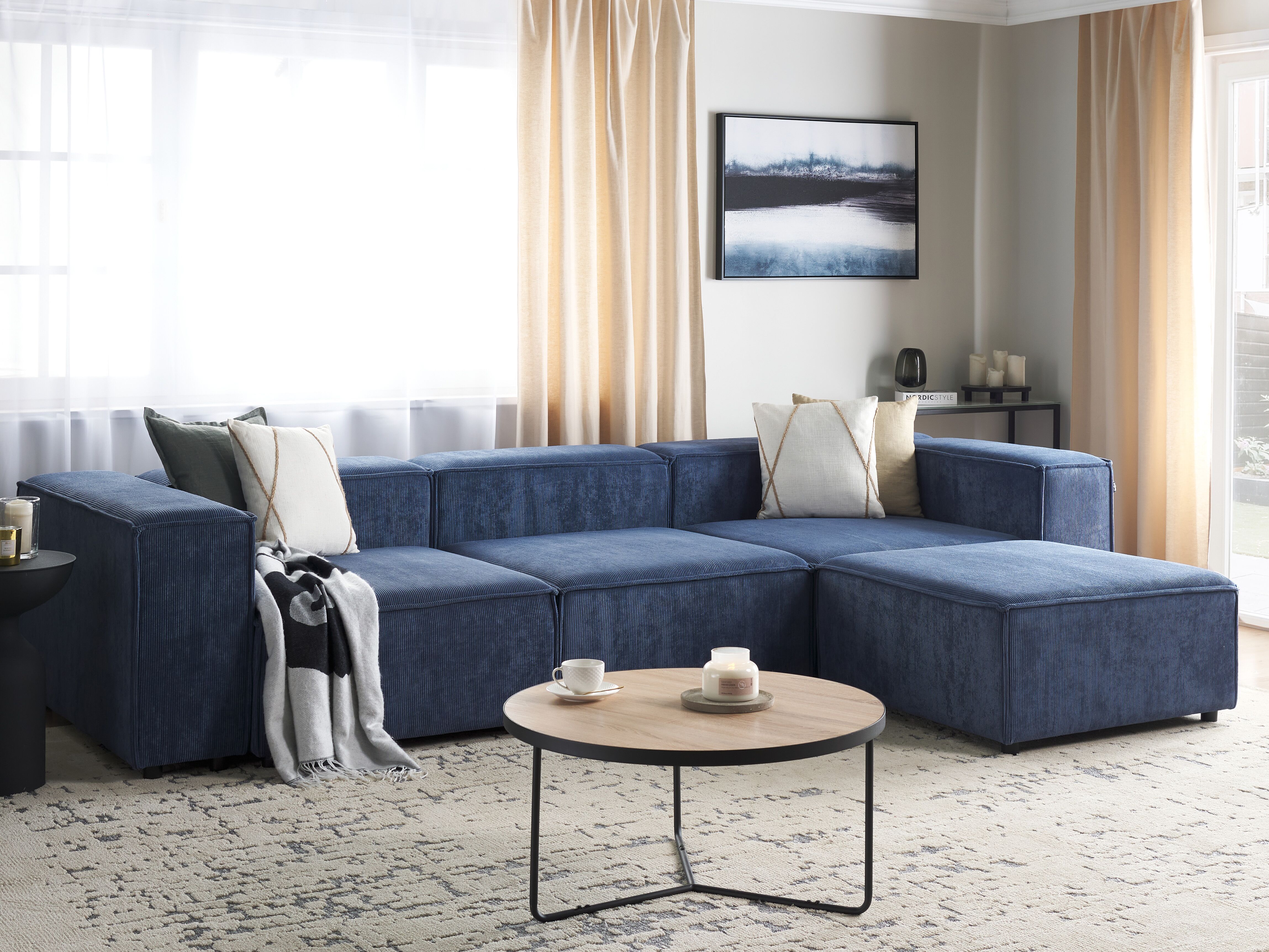 3 Seater Modular Jumbo Cord Sofa with Ottoman Blue APRICA | Beliani.pl
