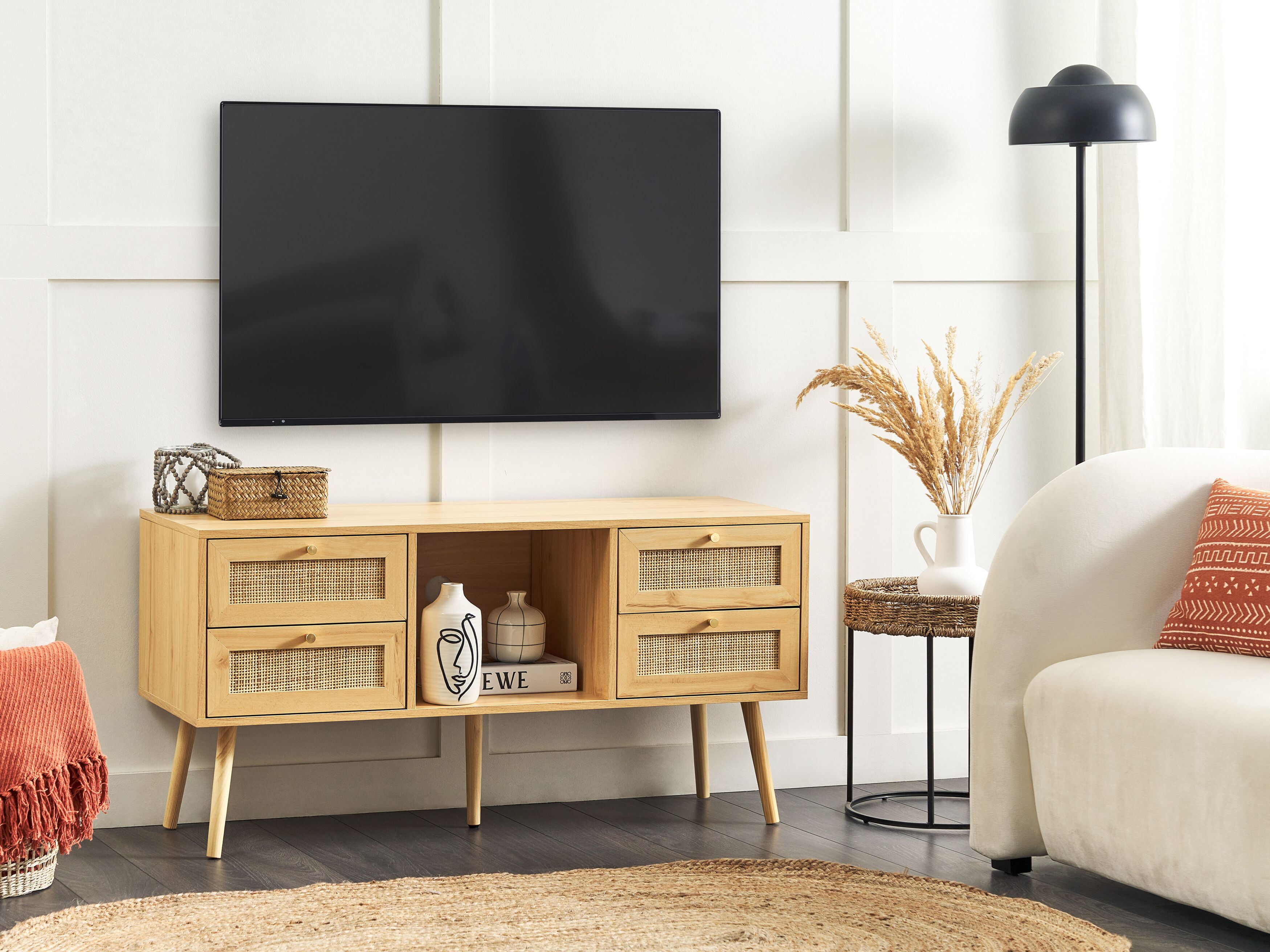 Rattan TV Stand Light Wood PEROTE | Beliani.co.uk