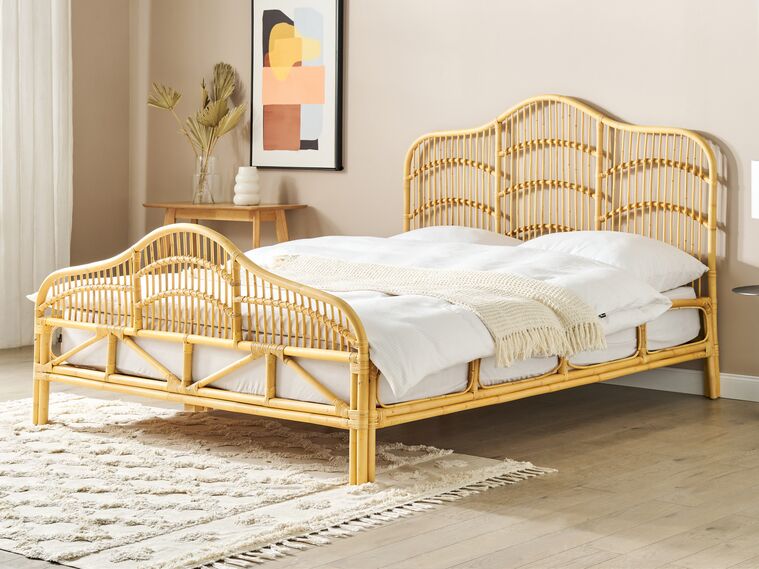 Rattan EU King Size Bed Light Wood DOMEYROT | Beliani.co.uk