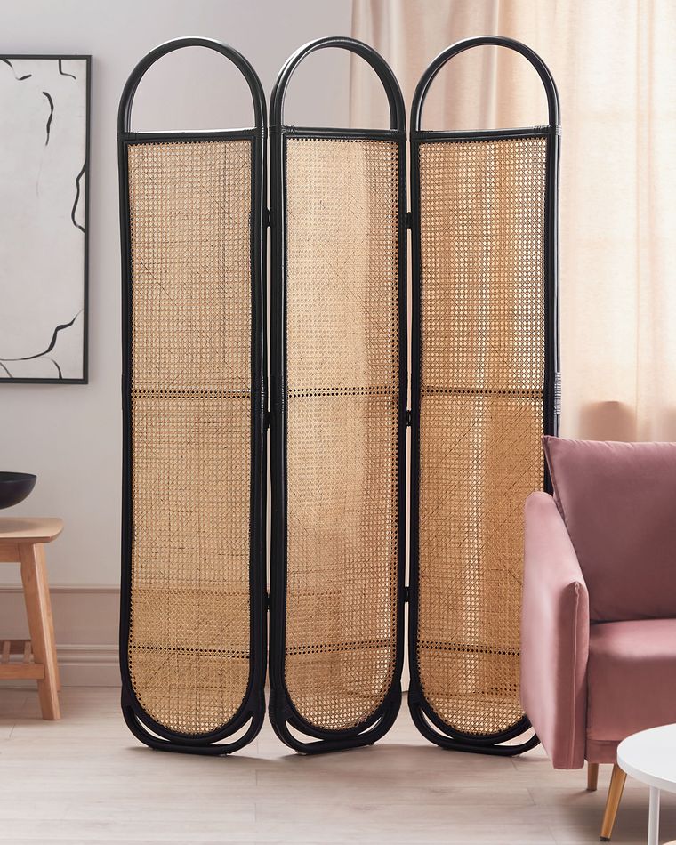 Folding Rattan 3 Panel Room Divider 118 x 180 cm Natural and Black ...