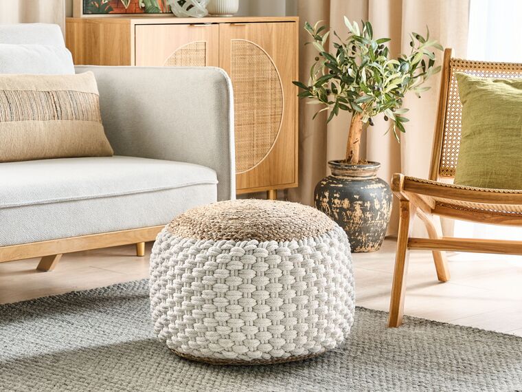 Pouf Baumwolle weiß / beige rund ⌀ 50 cm AIZA | Beliani.at