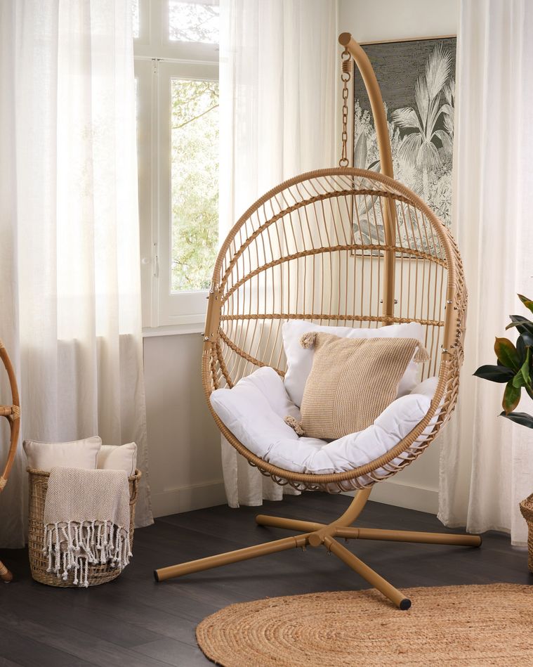PE Rattan Hanging Chair with Stand Beige ACRI | Beliani.co.uk
