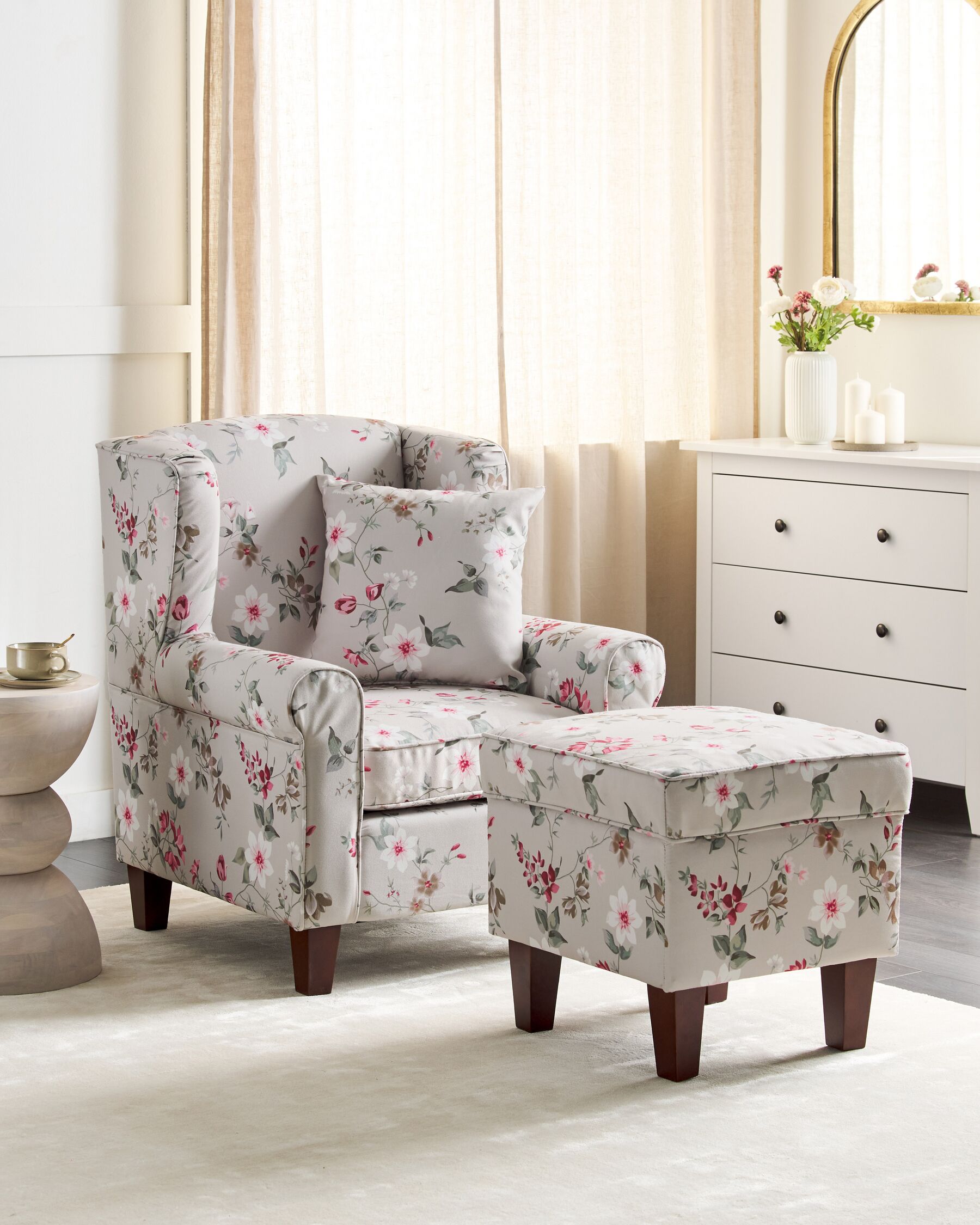Fabric Wingback Chair with Footstool Floral Pattern Cream HAMAR | ex ...