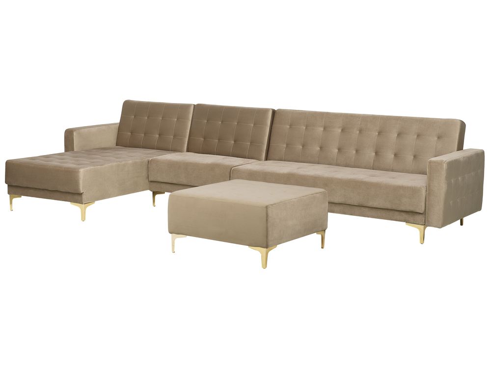 Right Hand Modular Velvet Sofa with Ottoman Sand Beige ABERDEEN ...
