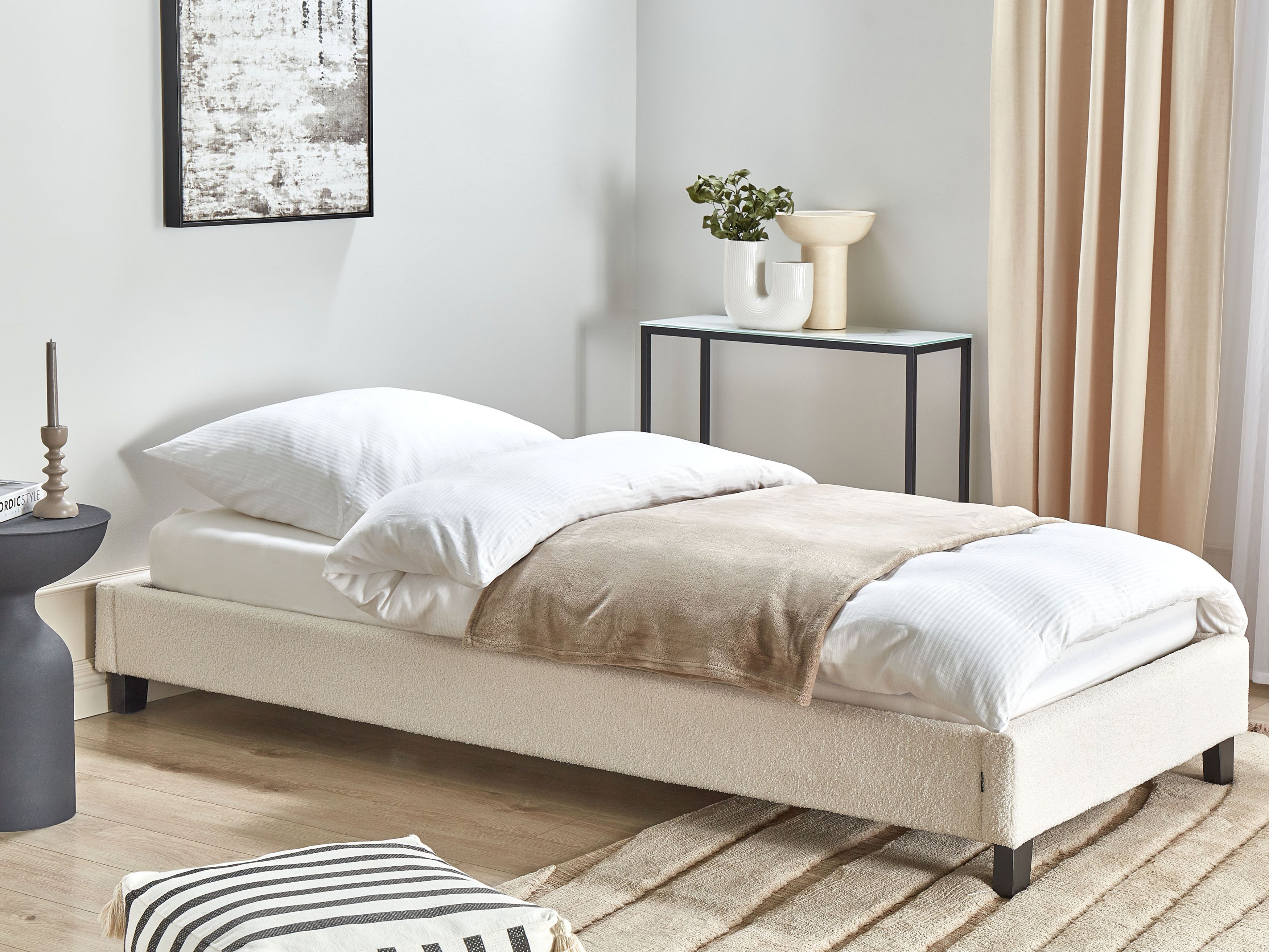Cama de solteiro em tecido bouclé creme 90 x 200 cm ROANNE | Beliani.pt