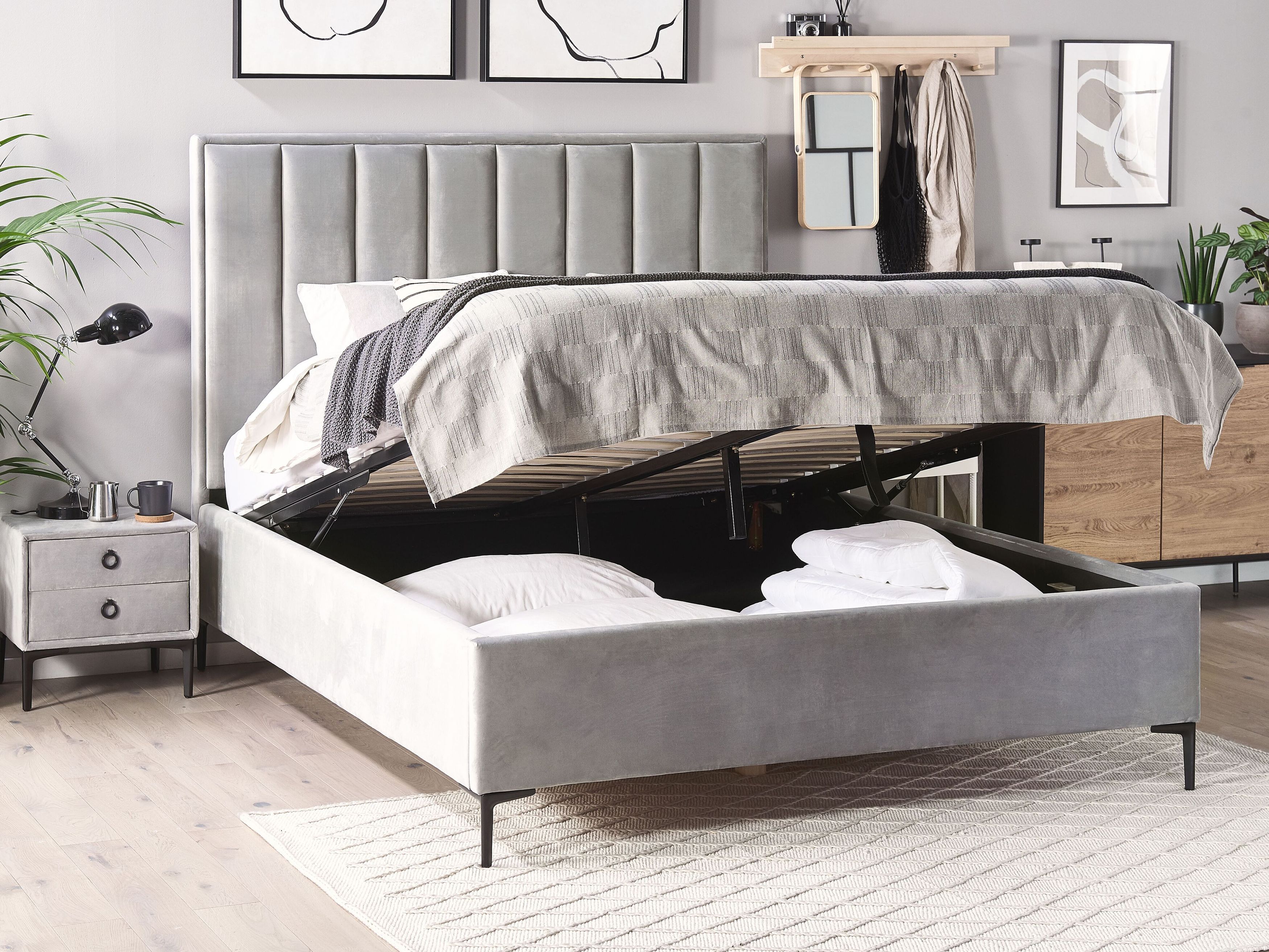 Velvet EU Double Size Ottoman Bed Grey SEZANNE | Beliani.co.uk