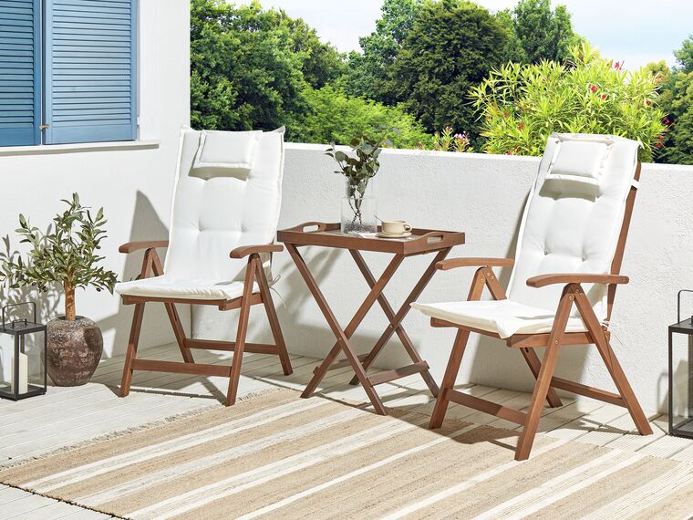 Balkonset Akazienholz dunkelbraun verstellbar Auflagen cremeweiß ...