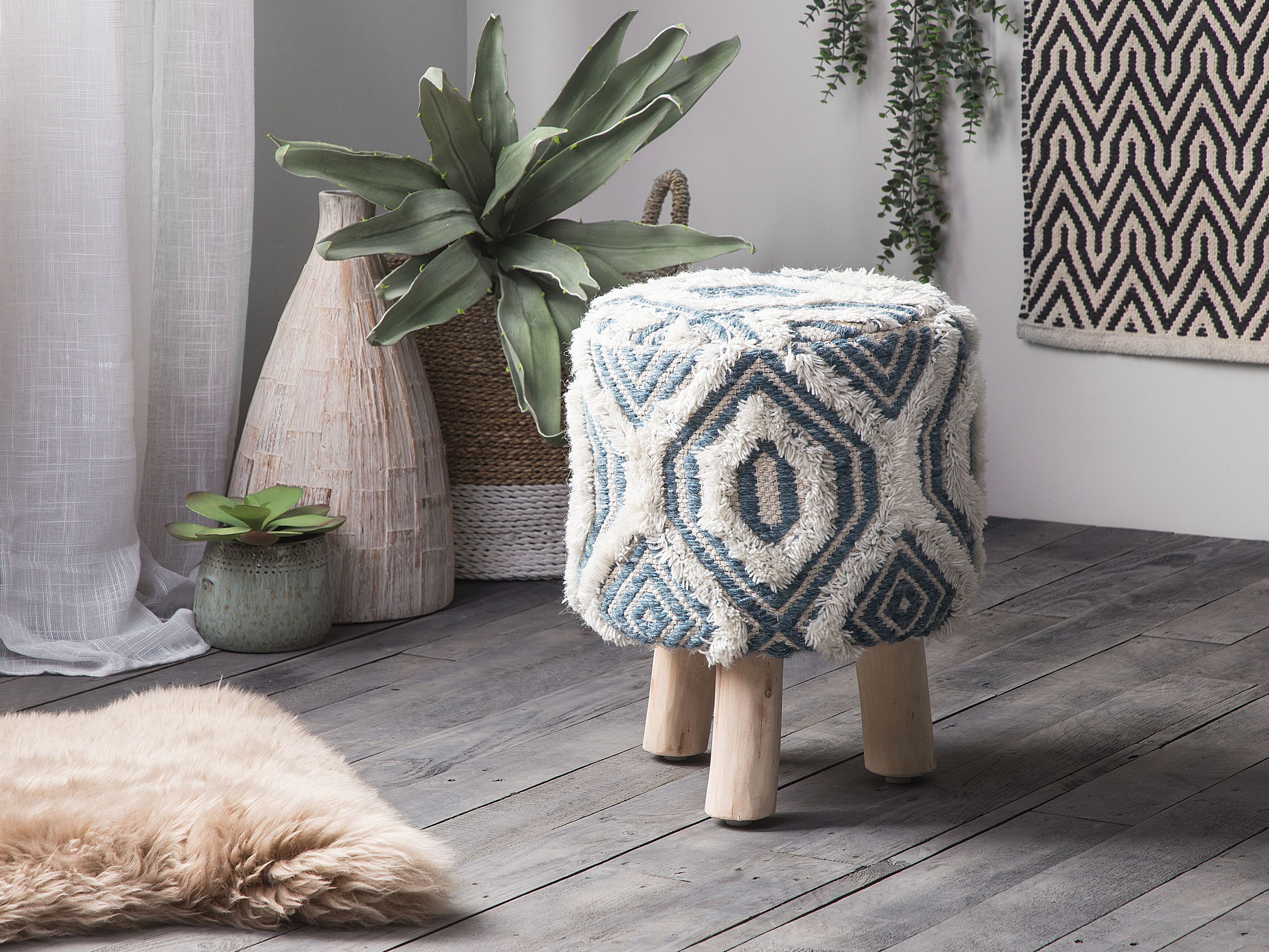 Wool Footstool White and Blue AGRA | Beliani.co.uk
