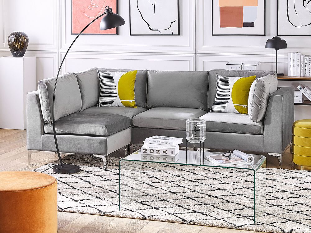 Right Hand 4 Seater Modular Velvet Corner Sofa Grey EVJA | Beliani.co.uk