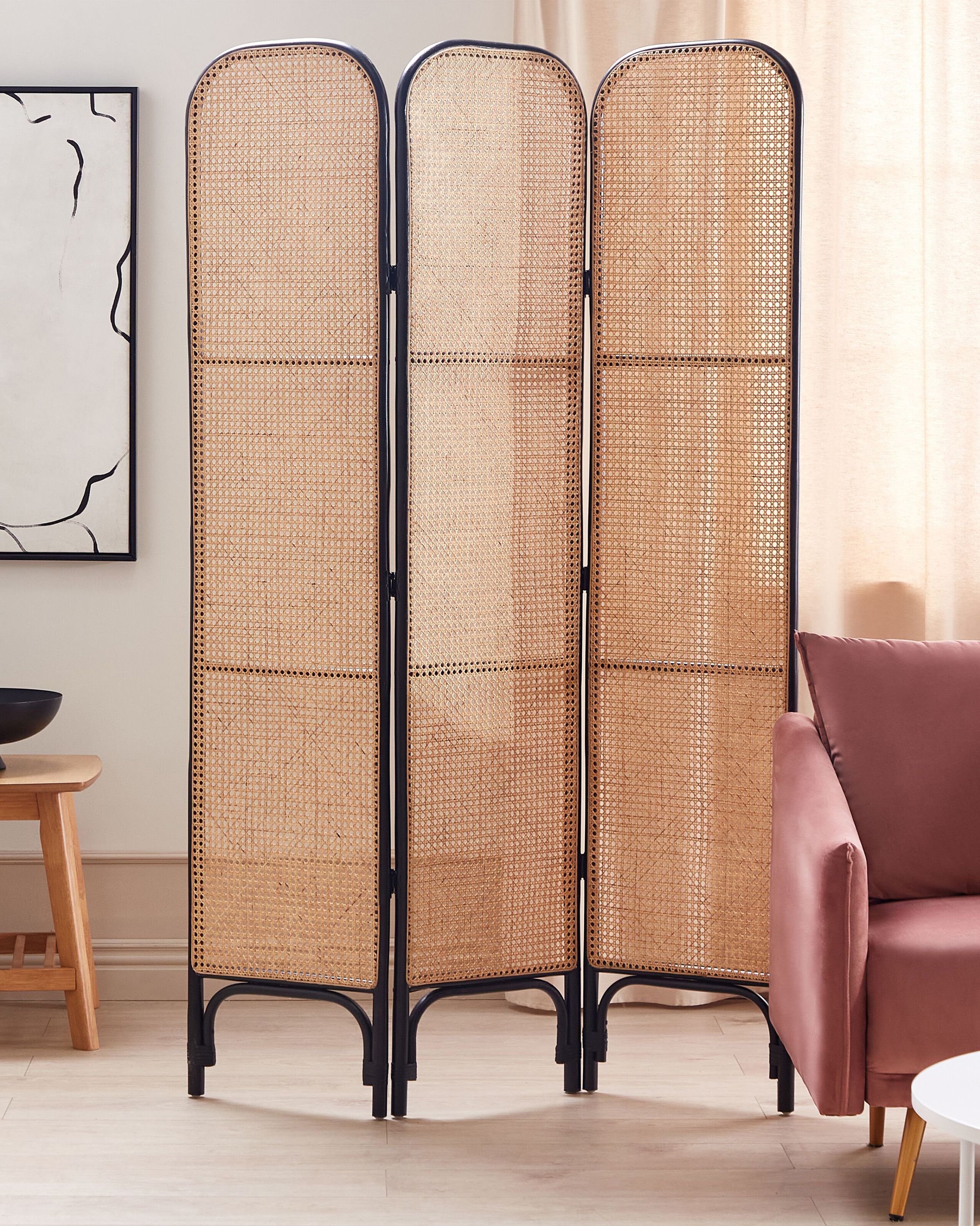 Folding Rattan 3 Panel Room Divider 105 x 180 cm Natural and Black ...