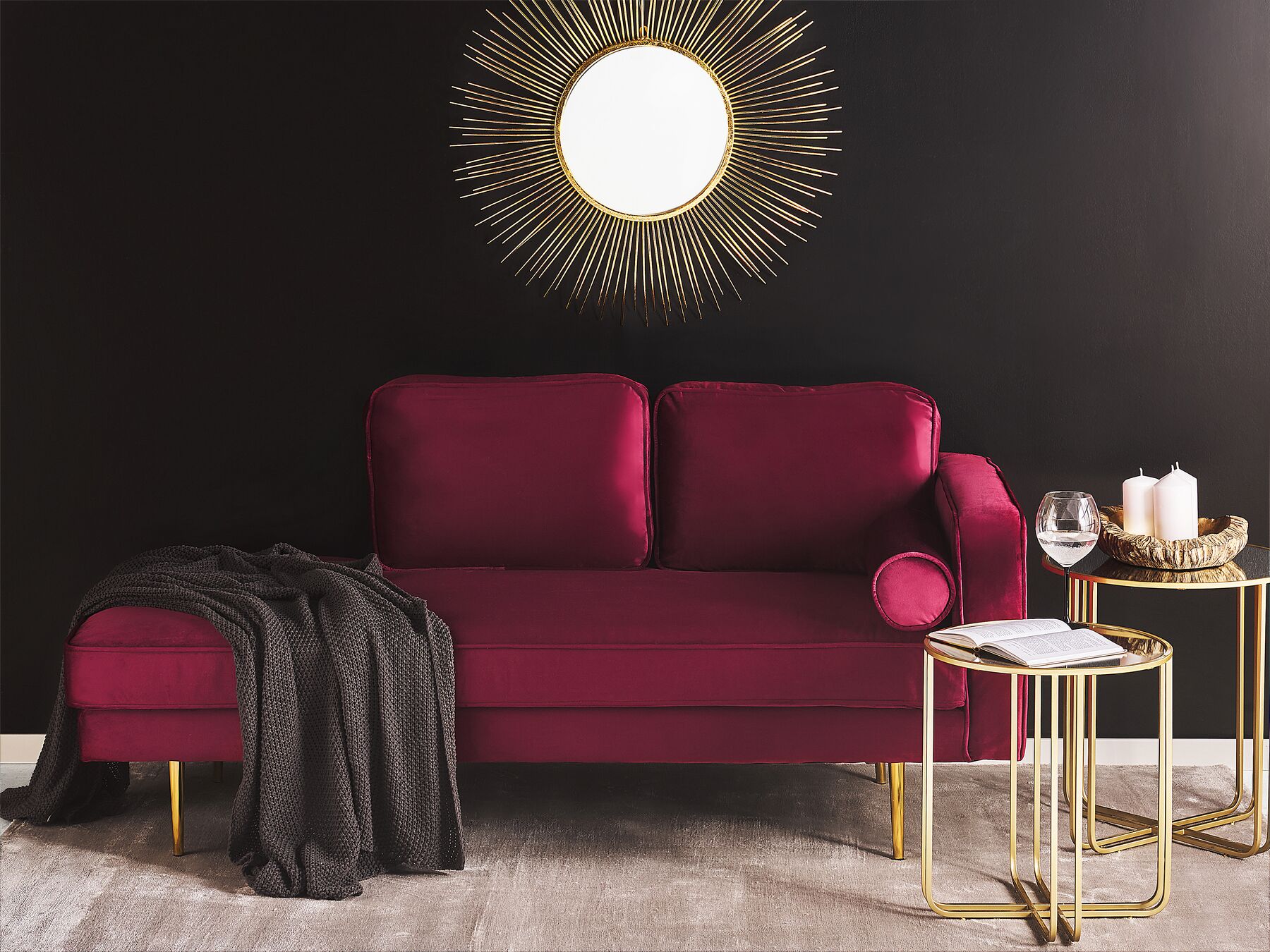 Chaise longue en velours rouge foncé côté droit MIRAMAS | Beliani.fr