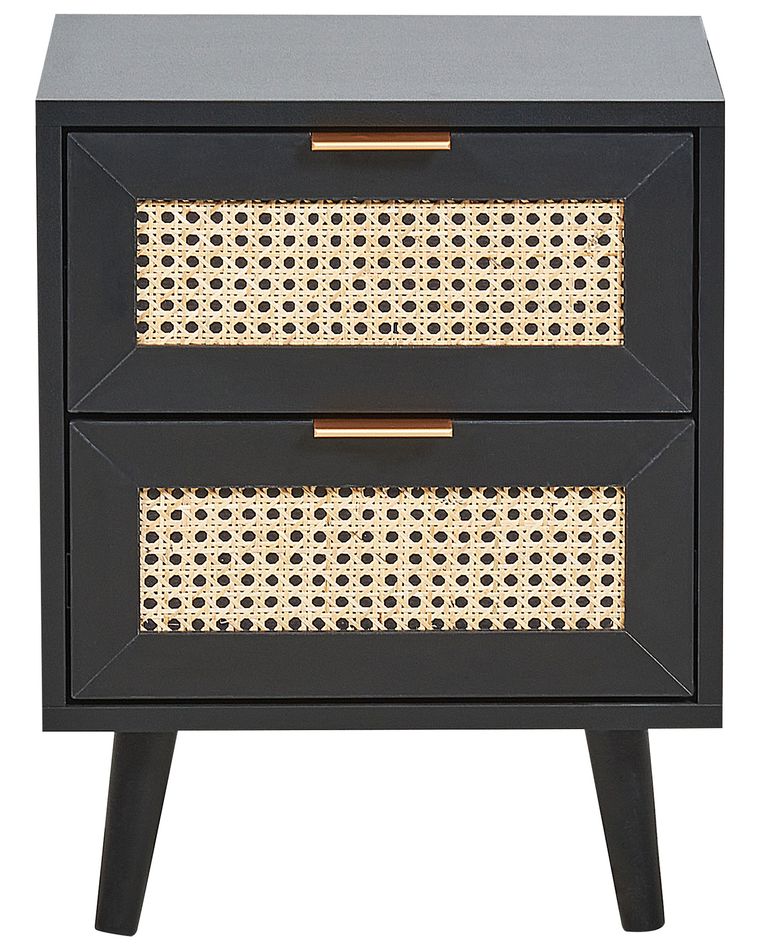 Table de chevet avec 2 tiroirs noir et rotin naturel OPOCO | Beliani.fr