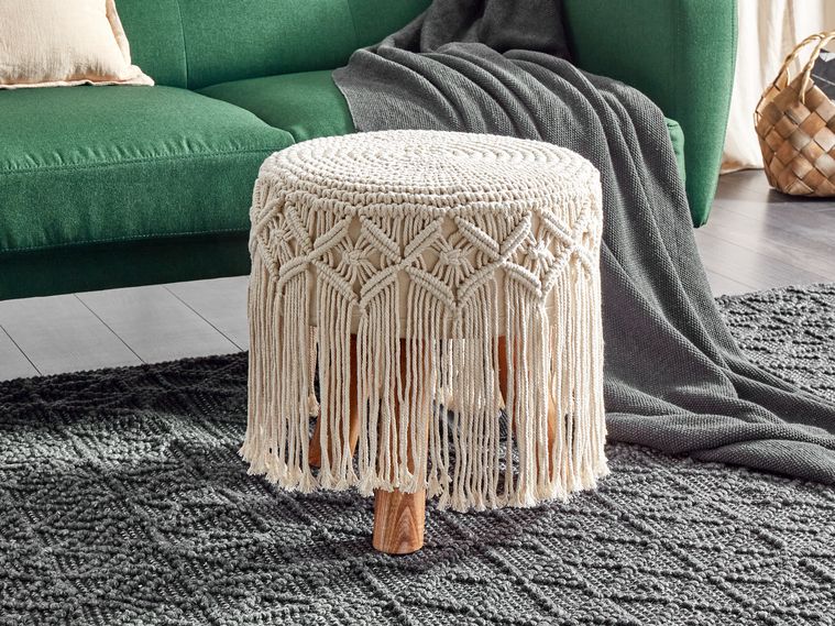 Cotton Macramé Footstool Beige NAWABAD | Beliani.co.uk