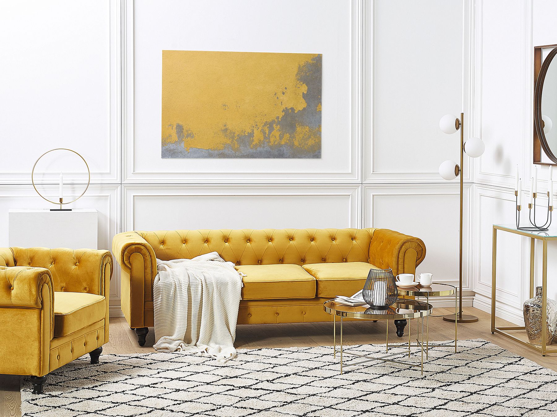 3 Seater Velvet Fabric Sofa Yellow CHESTERFIELD | Beliani.it