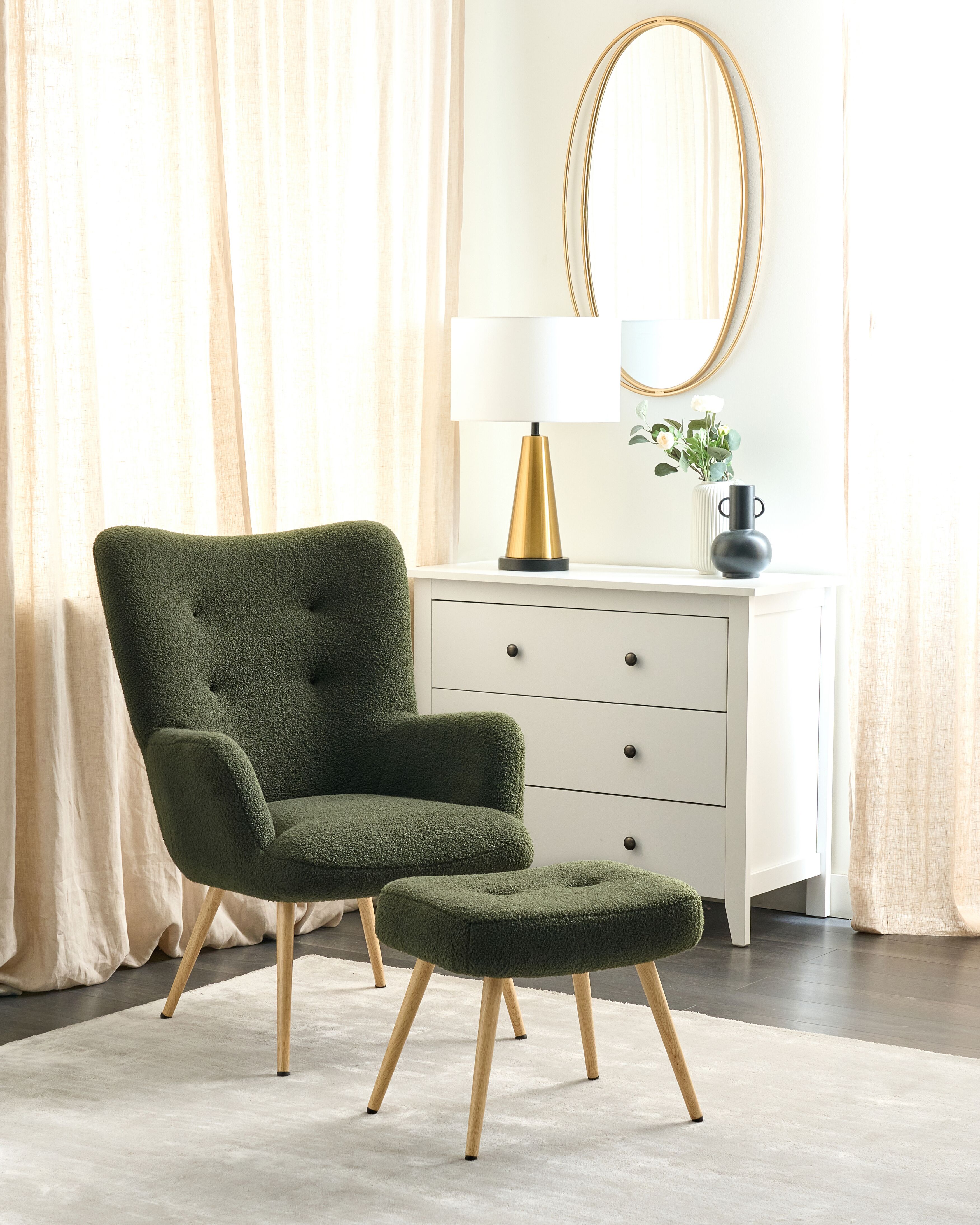 Boucle Wingback Chair with Footstool Dark Green VEJLE | Beliani.co.uk