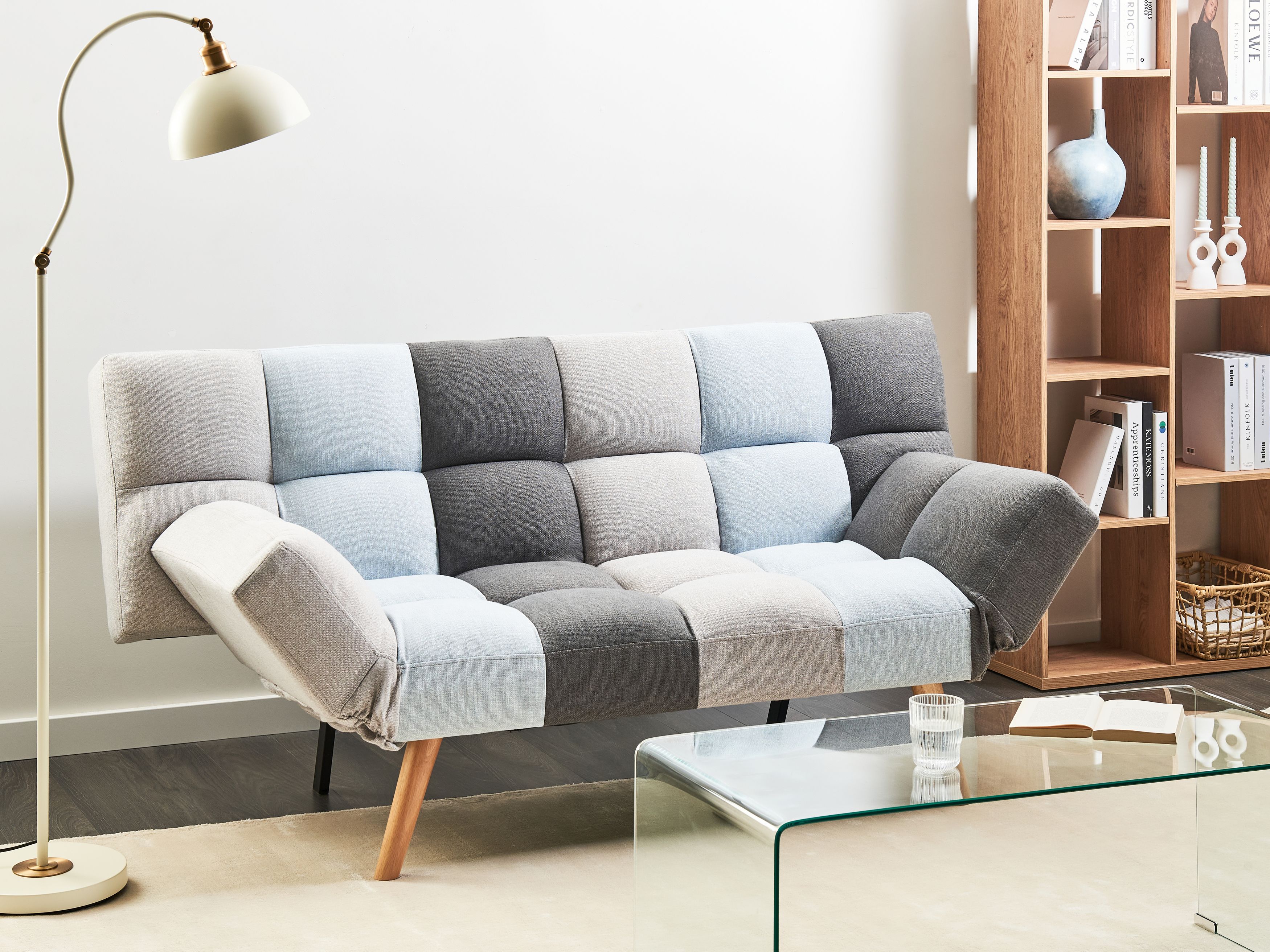 Sofá-cama de 3 lugares em tecido patchwork cinzento e azul INGARO ...