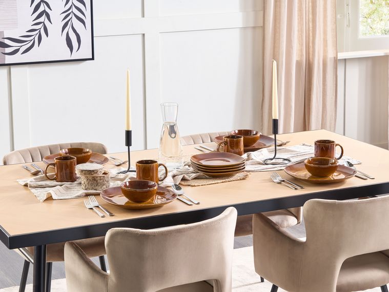 Set of 16 Stoneware Dinnerware Golden Brown TURMERIC | Beliani.co.uk