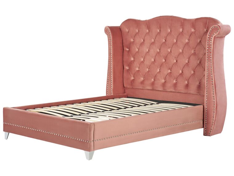 Lit double en velours rose 160 x 200 cm AYETTE | Beliani.fr