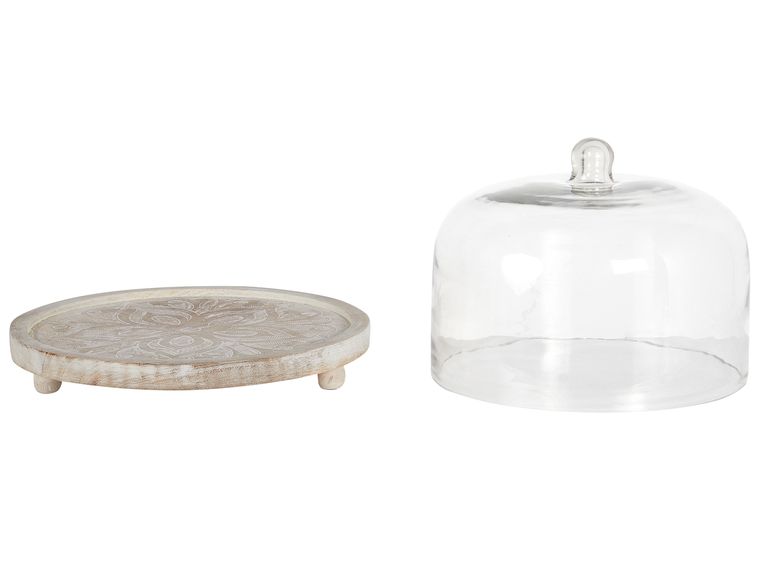 Mango Wood Cake Stand with Glass Lid Light FAJUM | Beliani.co.uk