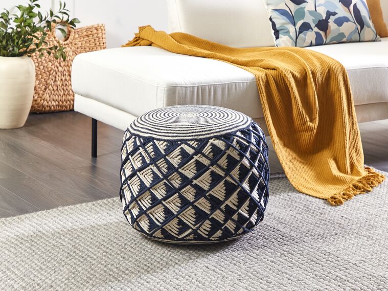 Outdoor Woven Pouffe Navy Blue and Beige KAWAN | Beliani.co.uk