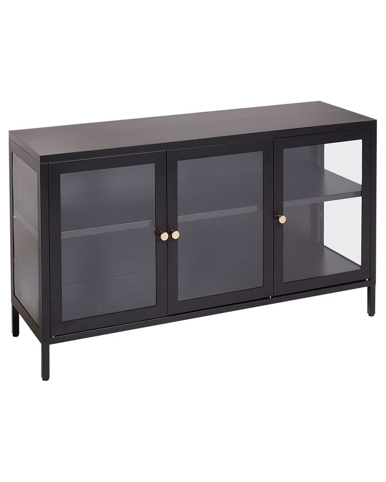 3 Door Metal LED Sideboard with Glass Display Black NEWPORT | Beliani.co.uk