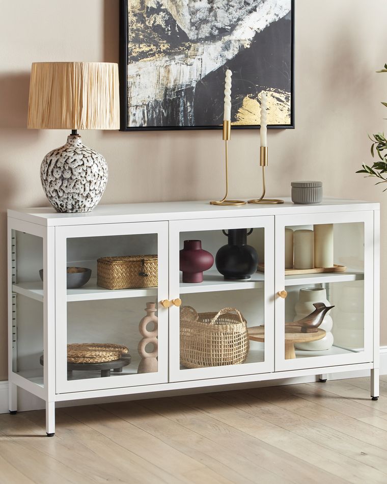 3 Door Metal LED Sideboard with Glass Display White NEWPORT | Beliani.co.uk