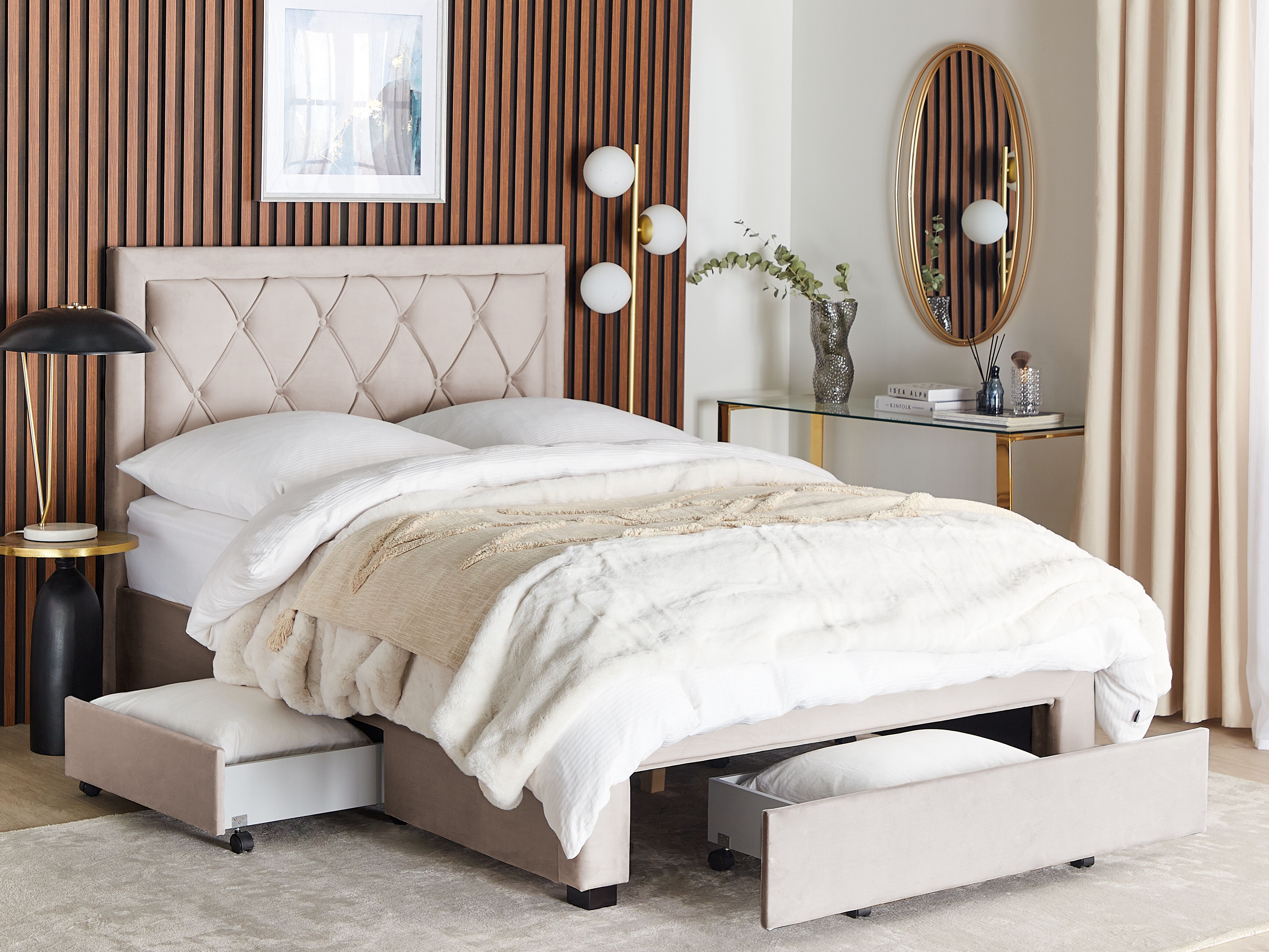 Velvet EU Double Bed with Storage Beige LIEVIN | Beliani.co.uk