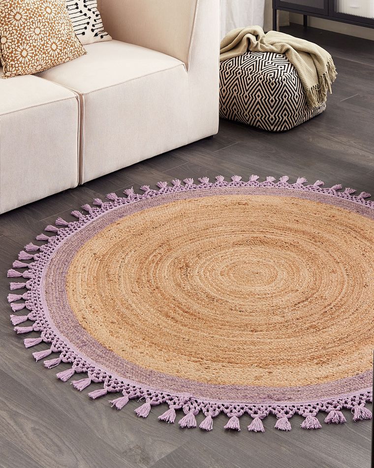 Round Jute Area Rug ⌀ 140 cm Beige and Purple MARTS | Beliani.co.uk