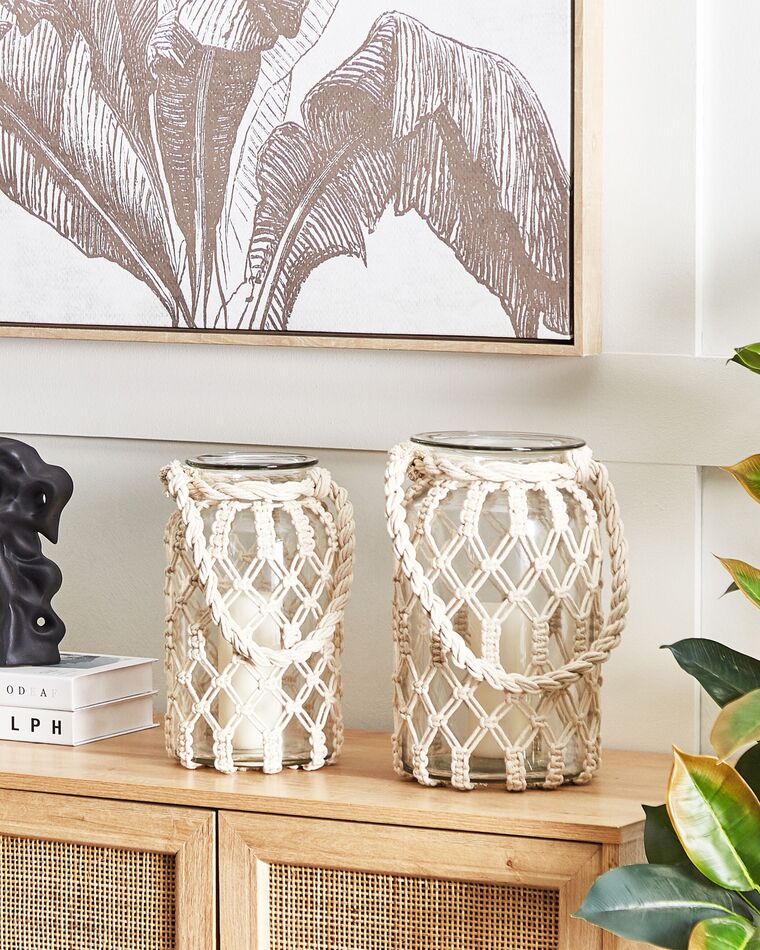 Decorative Macramé Glass Lantern 31 cm White JALEBI | Beliani.co.uk