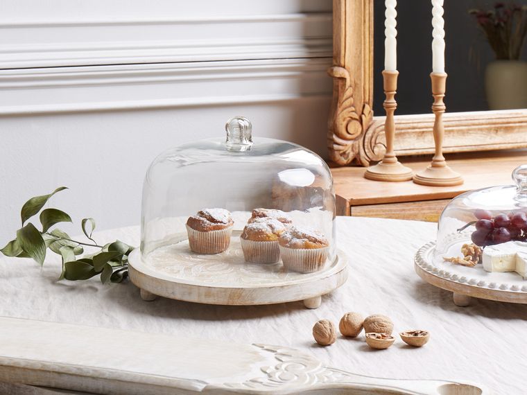 Mango Wood Cake Stand with Glass Lid Light FAJUM | Beliani.co.uk