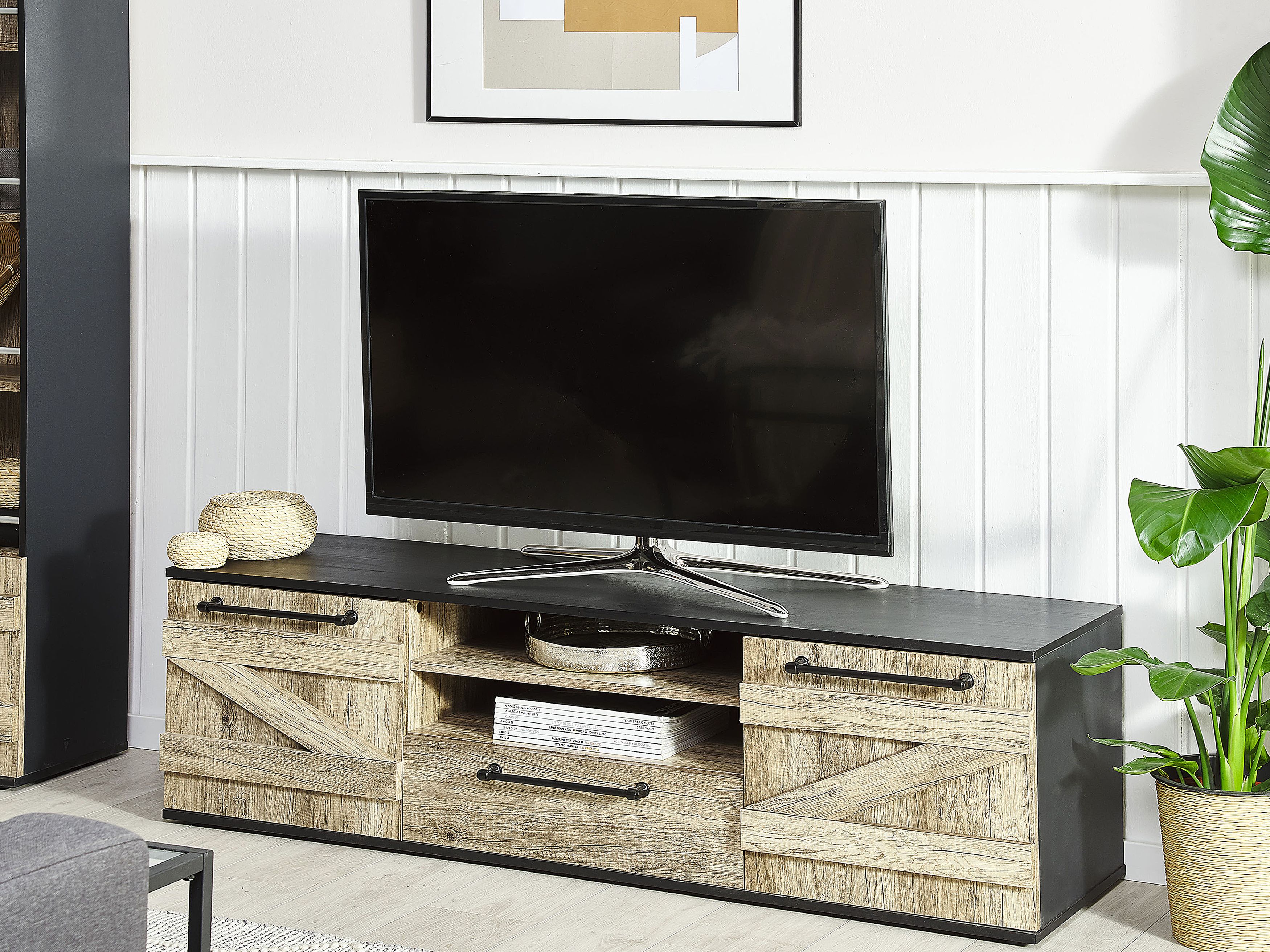 TV Stand Light Wood with Black SALTER | Beliani.co.uk