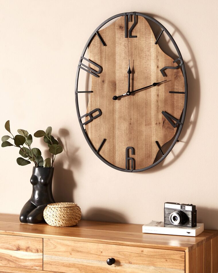 Iron Wall Clock 46 x 60 cm Light Wood with Black MEYNES | Beliani.co.uk