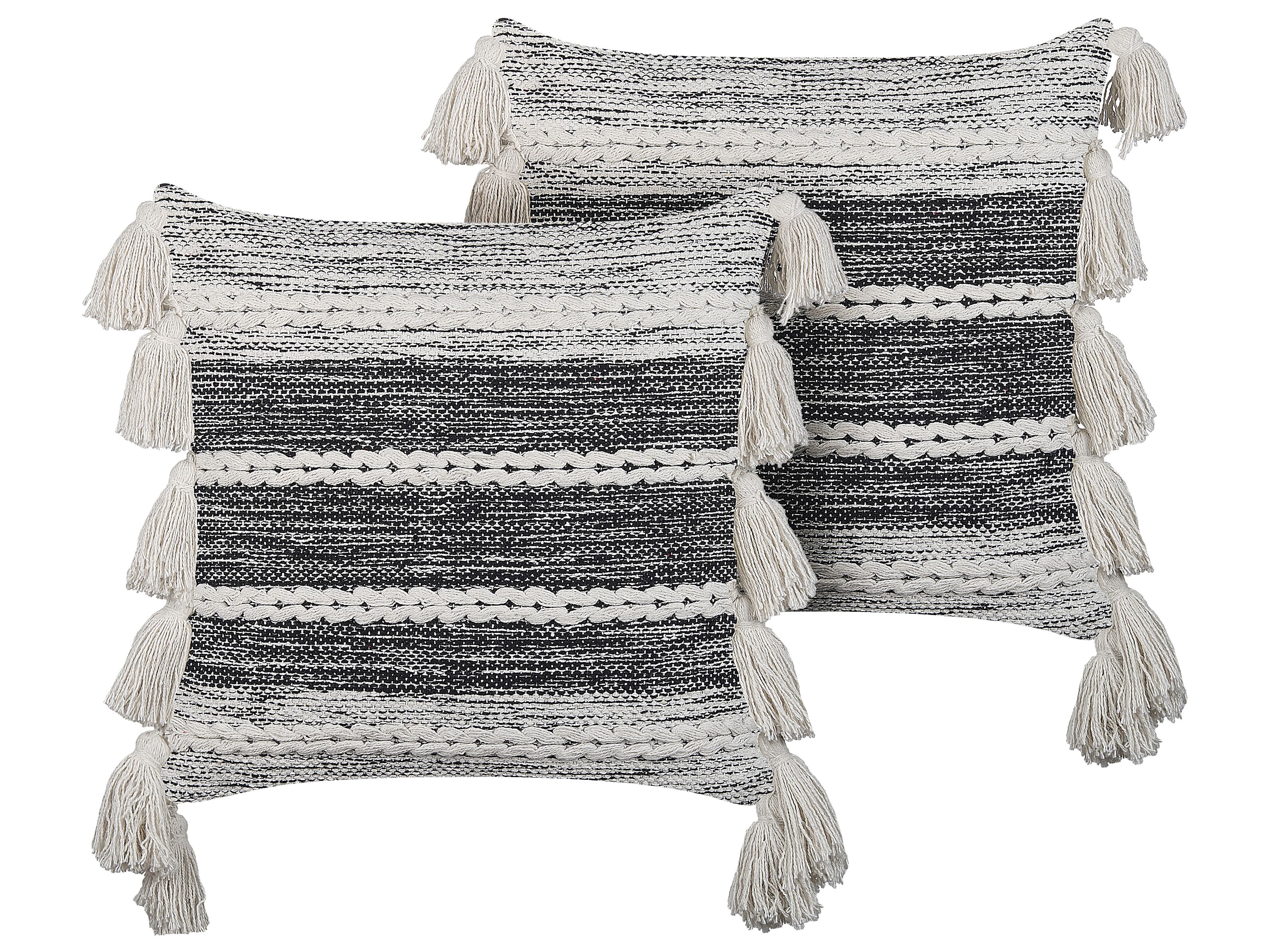 Set of 2 Cotton Cushions with Tassels 45 x 45 cm Black and White ROCHEA ...