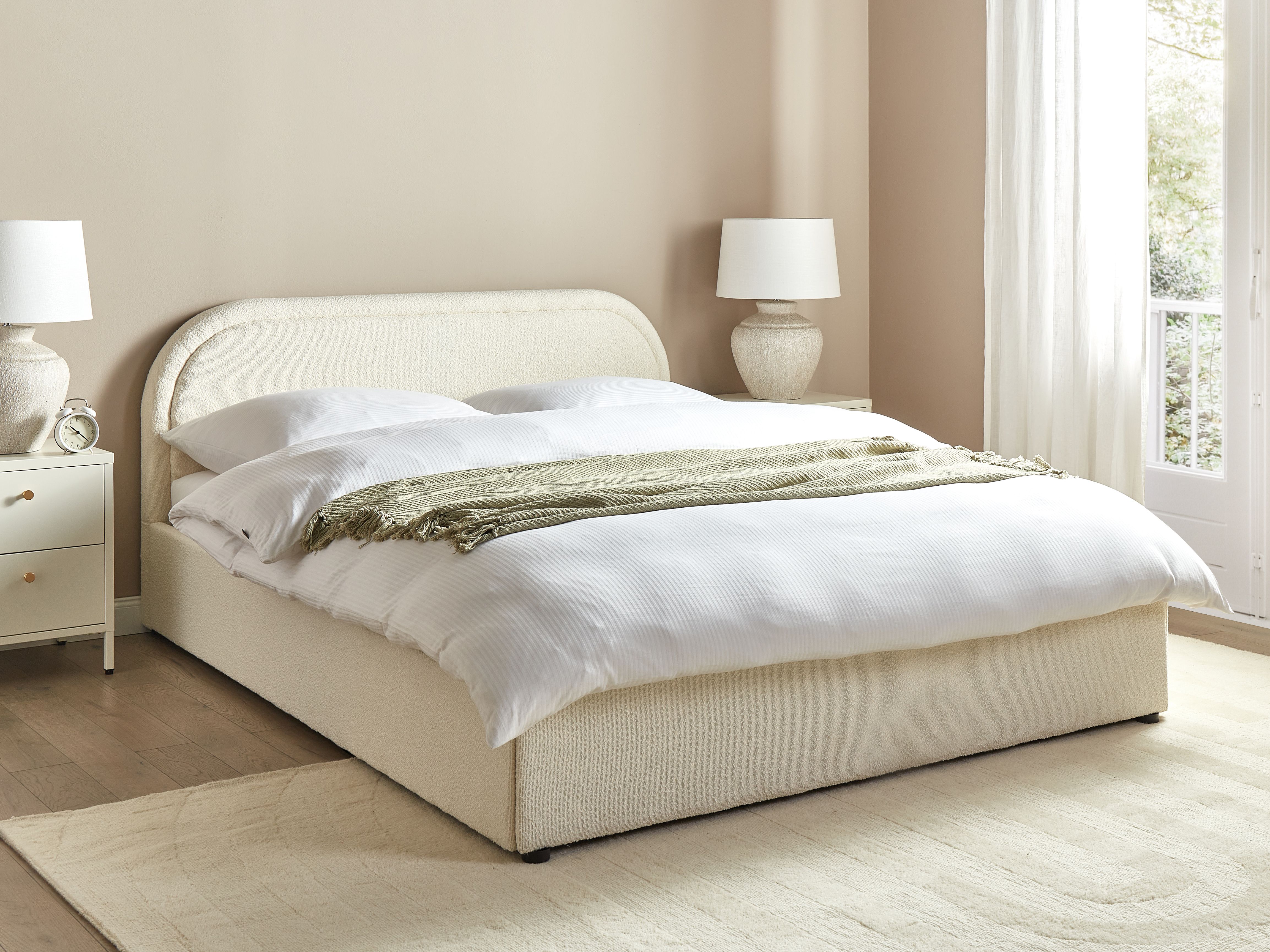 Boucle EU King Size Ottoman Bed Light Beige QUILLIEN | Beliani.co.uk