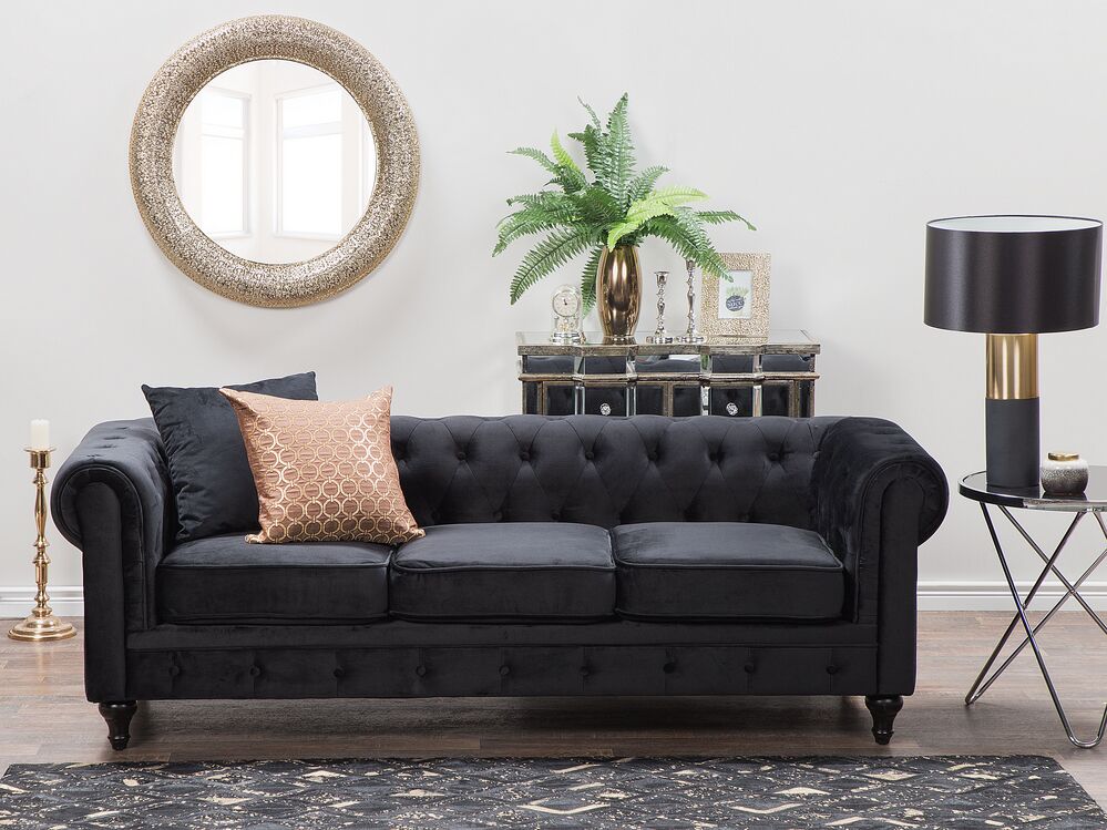 Soffa 3-sits sammet svart CHESTERFIELD | Beliani.se