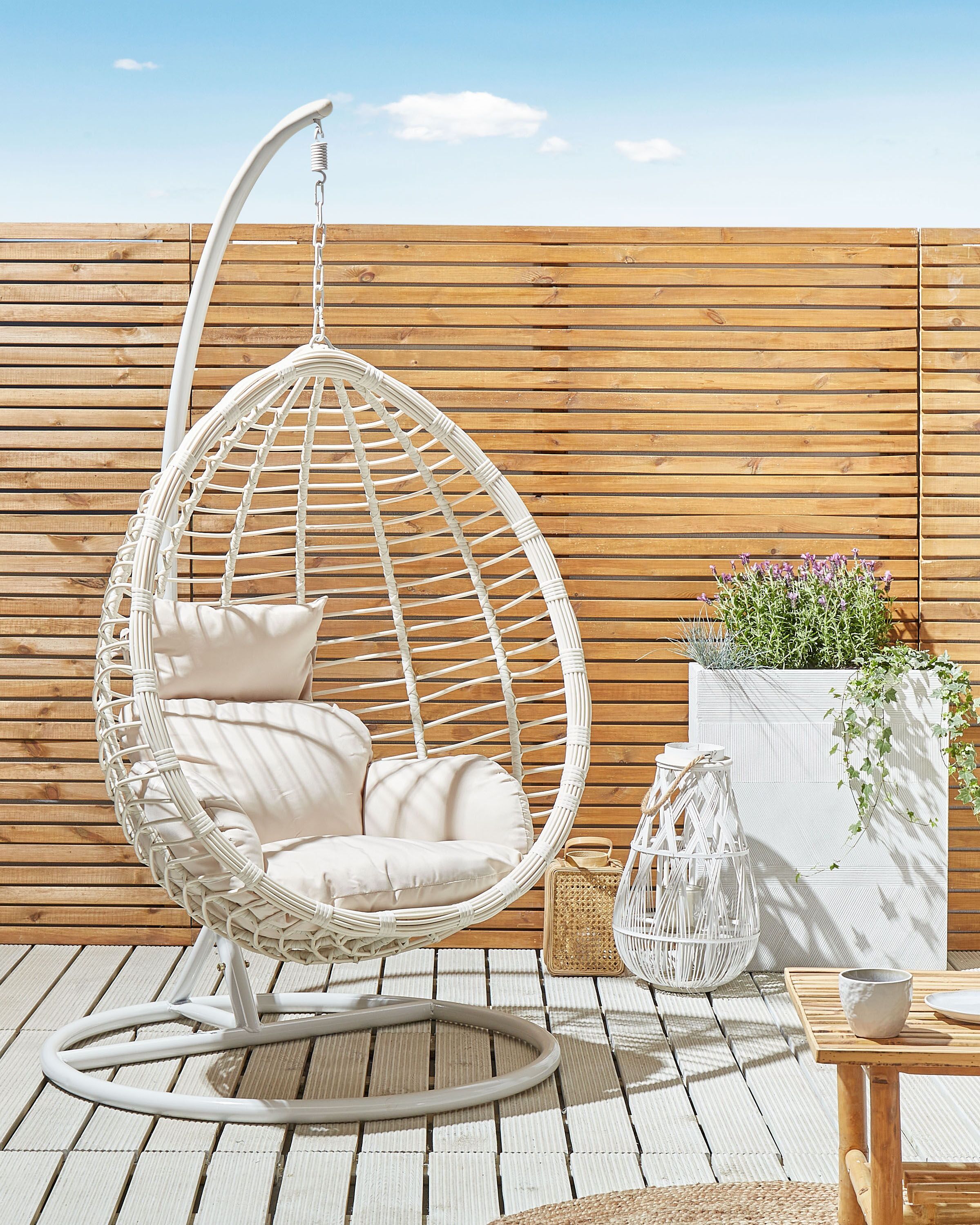 PE Rattan Hanging Chair with Stand White FANO | Beliani.co.uk