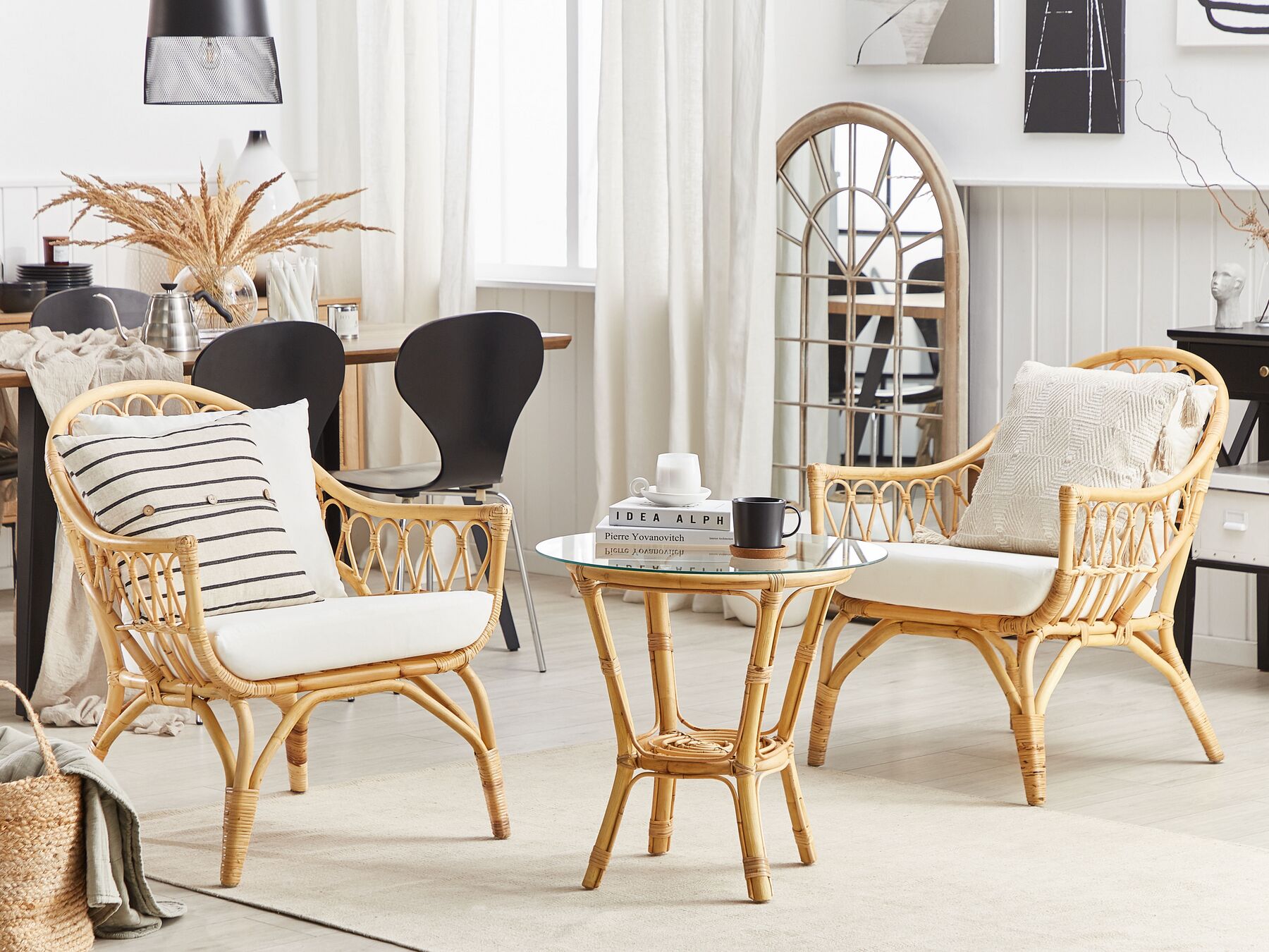 Salon de jardin en rotin clair 4 places / coussins blancs SIBARI ...