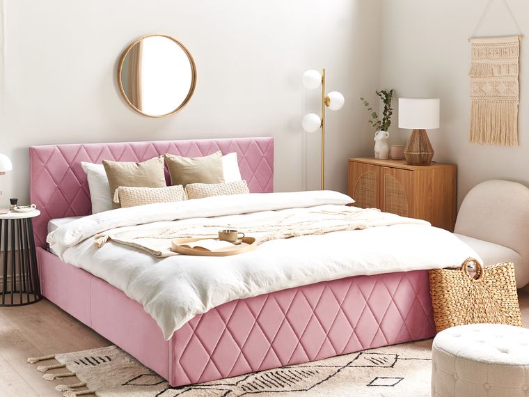 Cama com arrumação em veludo rosa 180 x 200 cm ROCHEFORT | Beliani.pt