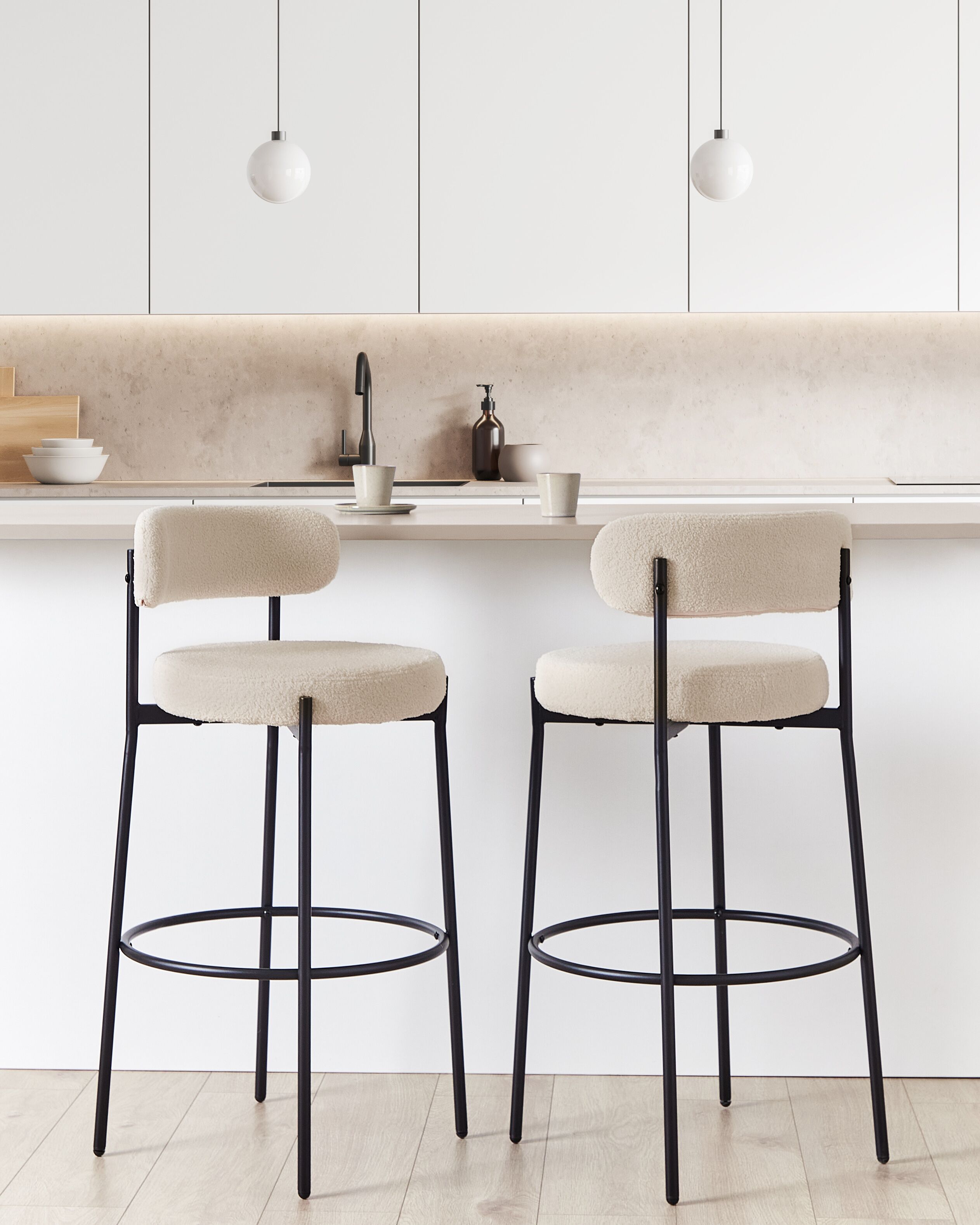 Set of 2 Bar Chairs ALLISON Boucle Light Beige | Beliani.co.uk
