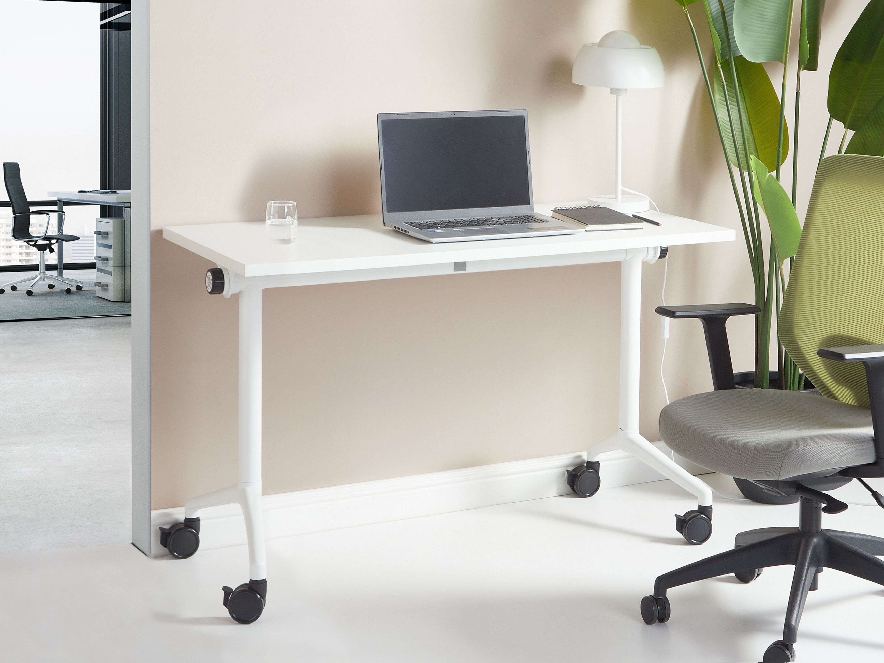 Foldable Office Desk CAVI White 120 cm 60 cm with Wheels | Beliani.co.uk