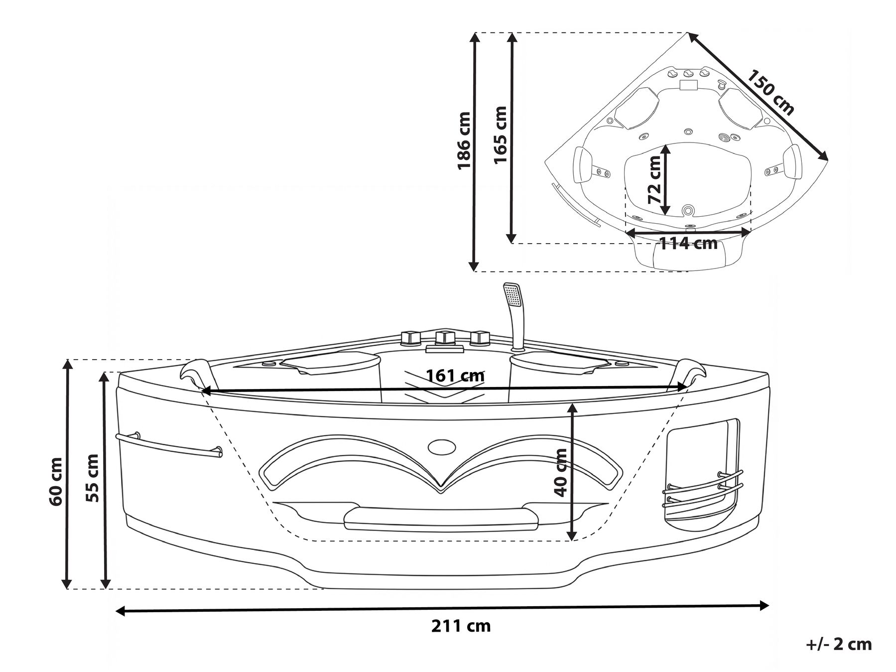 Baignoire d'angle à remous avec LED CUYABENO 211 x 150 cm Noir | Beliani.ch