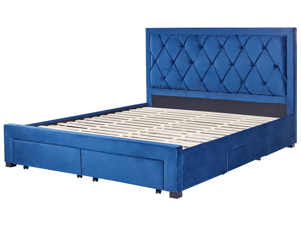 Bed with Storage Drawers Velvet LIEVIN 180 x 200 cm EU Super King Navy Blue Beliani